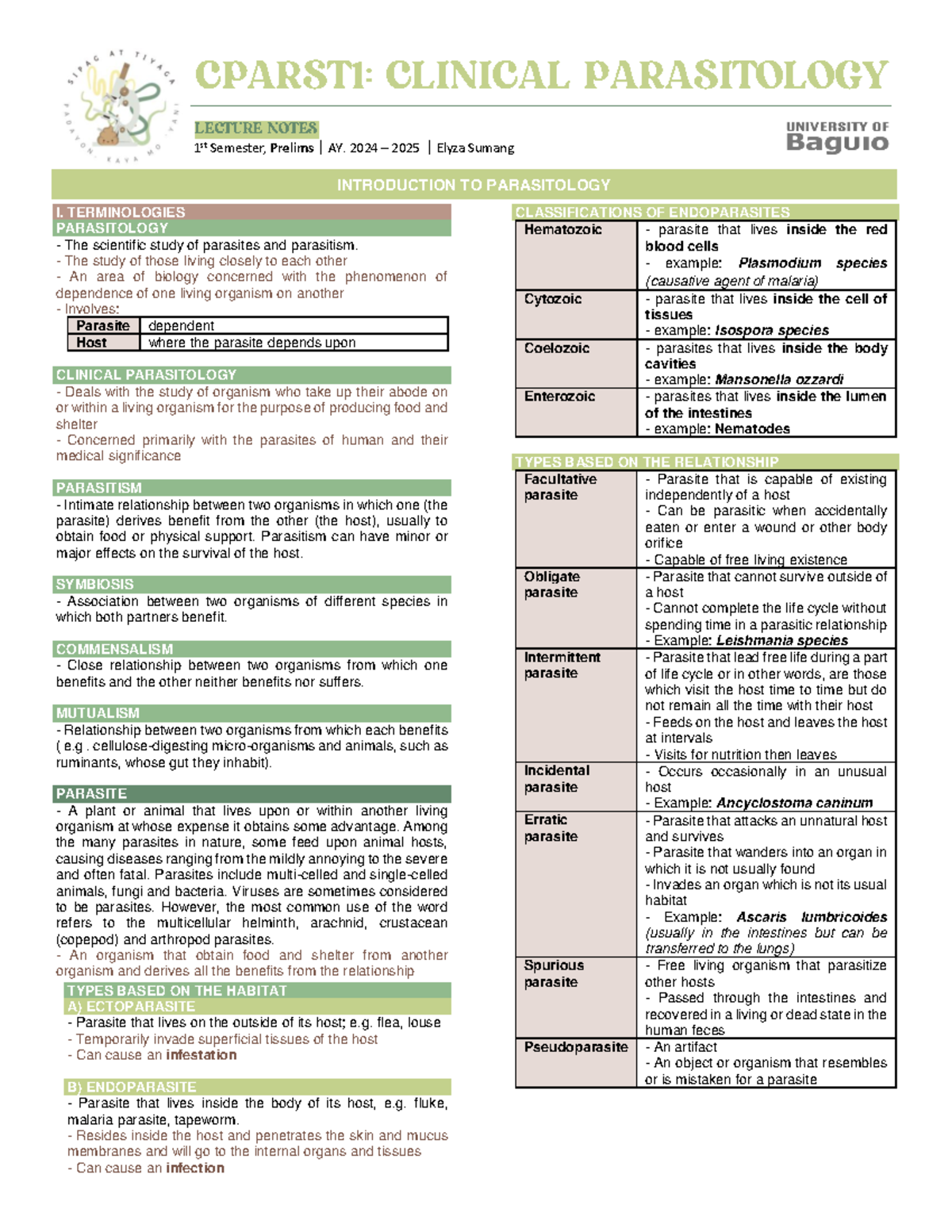 CPARST1: CLINICAL PARASITOLOGY LECTURE NOTES - 1st Sem 2024-2025 - Studocu