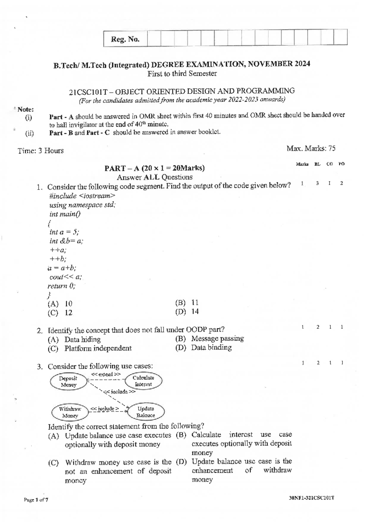 21CSC101T OBJECT ORIENTED DESIGN AND PROGRAMMING EXAMINATION NOV 2024 - Studocu
