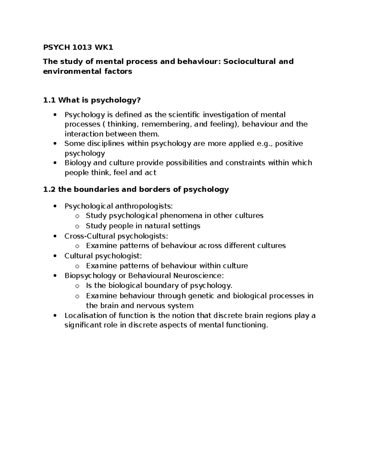 PSYCH 1013 WK1 Notes on Mental Processes & Sociocultural Factors - Studocu