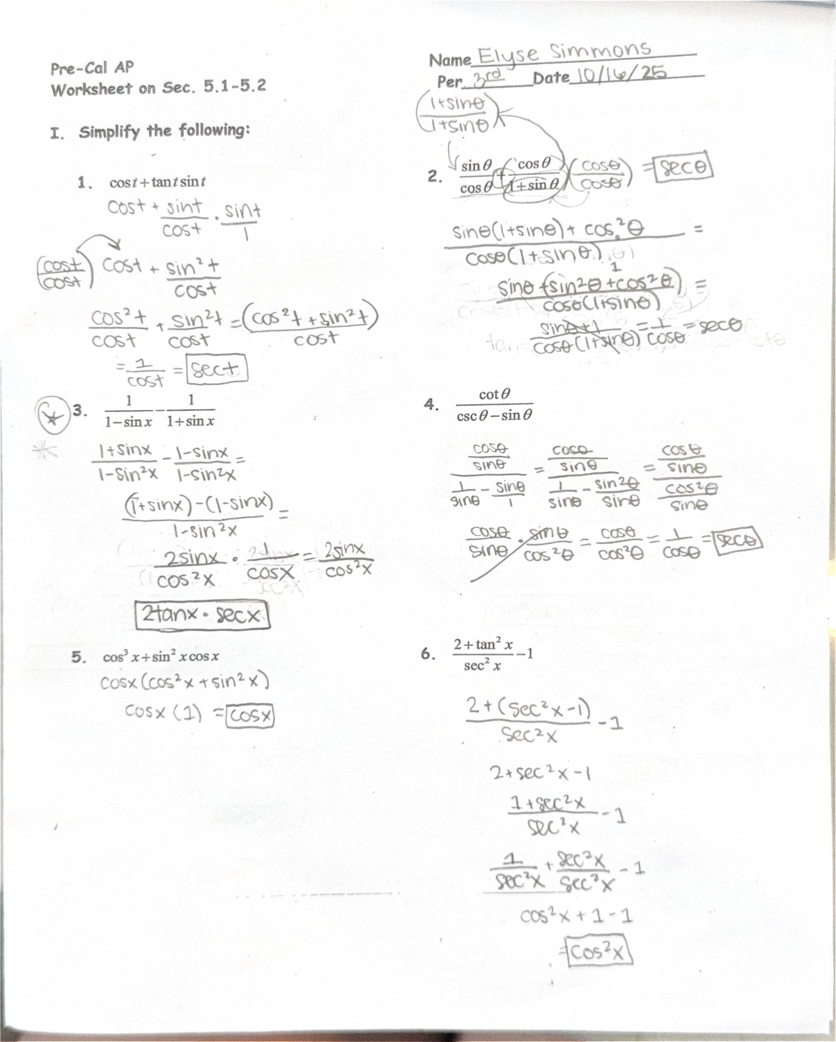 Pre-Cal AP 5.1-5.2 Worksheet - Elyse Simmons - Studocu