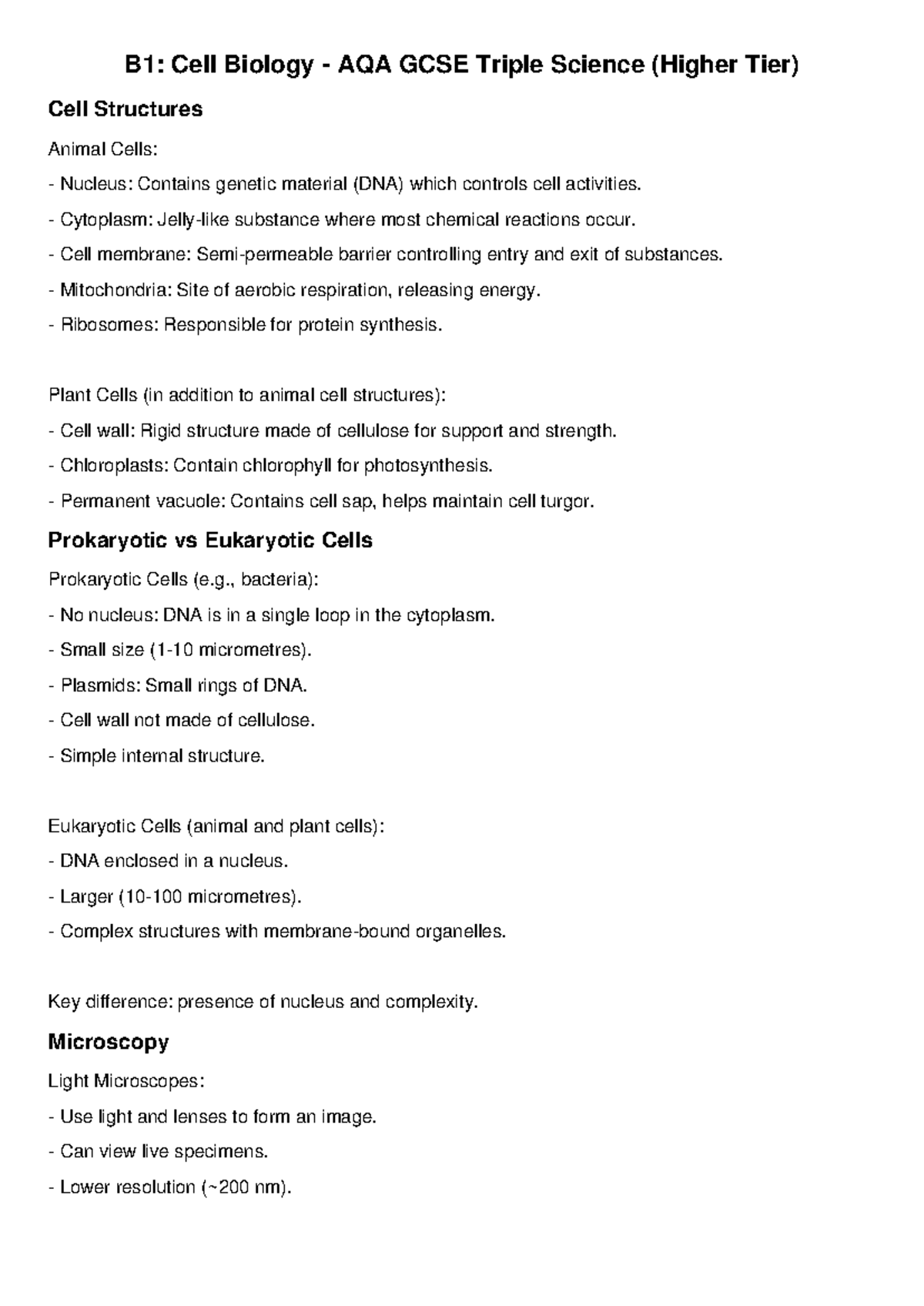 B1: Cell Biology Revision Notes for AQA GCSE Triple Science (Higher ...