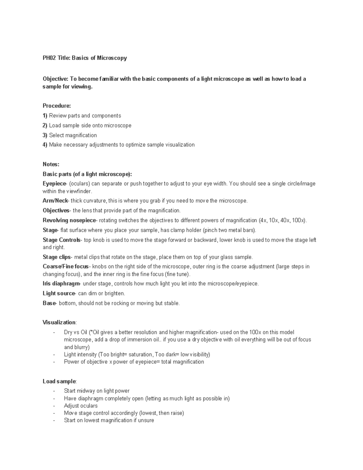 PH02 Microbiology Lab 2: Basics of Light Microscopy Techniques - Studocu
