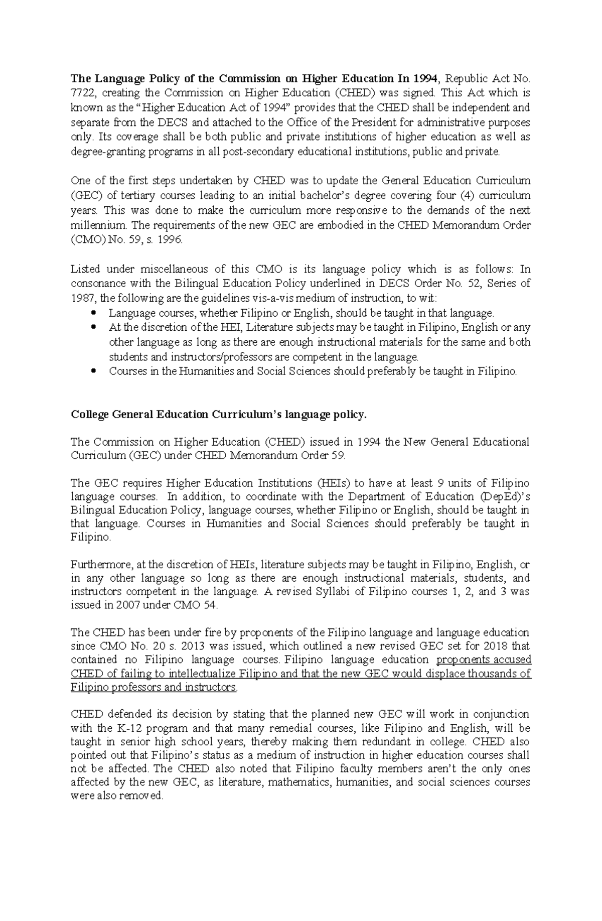 CHED's Language Policy: Impacts and Evolution in Higher Education - Studocu