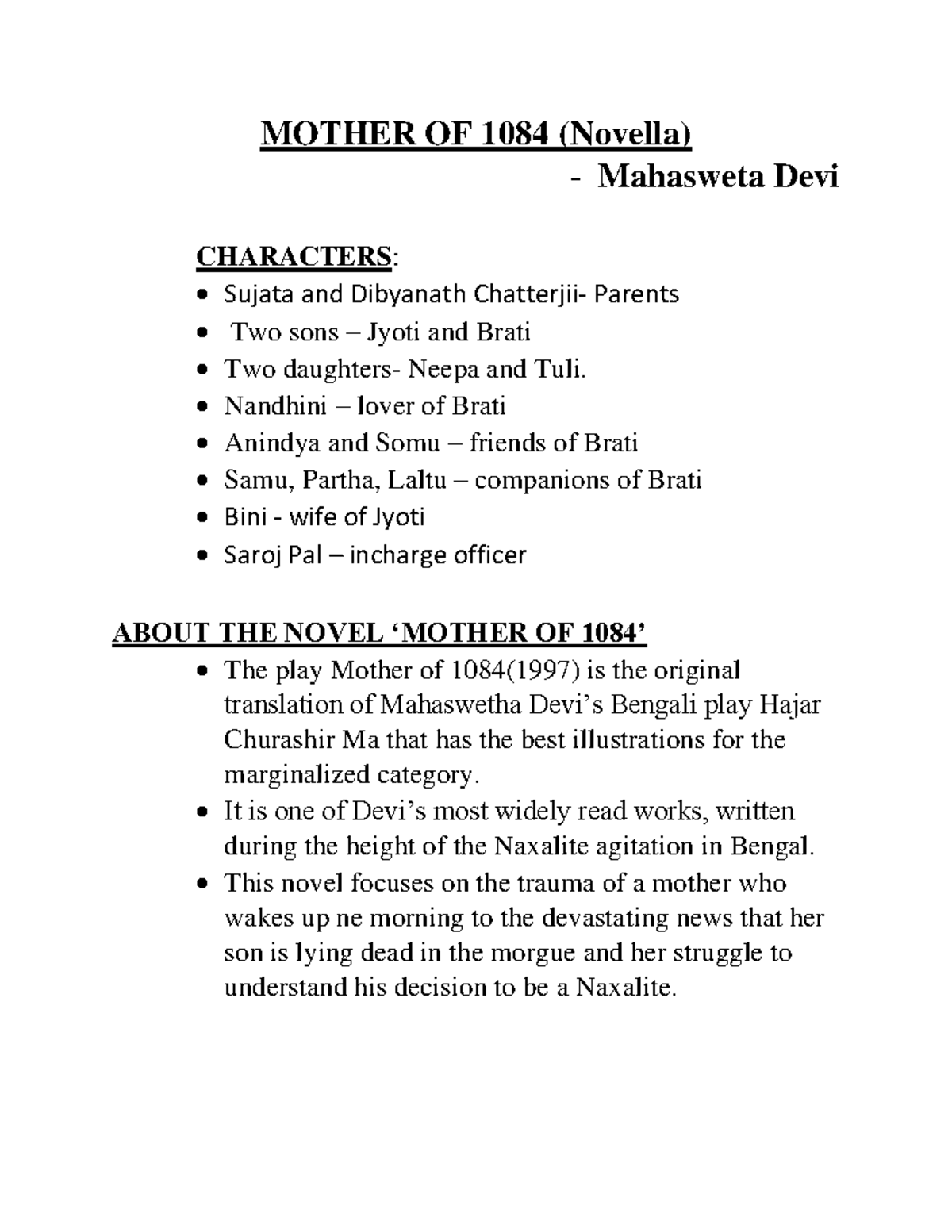 Mother of 1084 - Thematic Summary and Character Analysis - Studocu