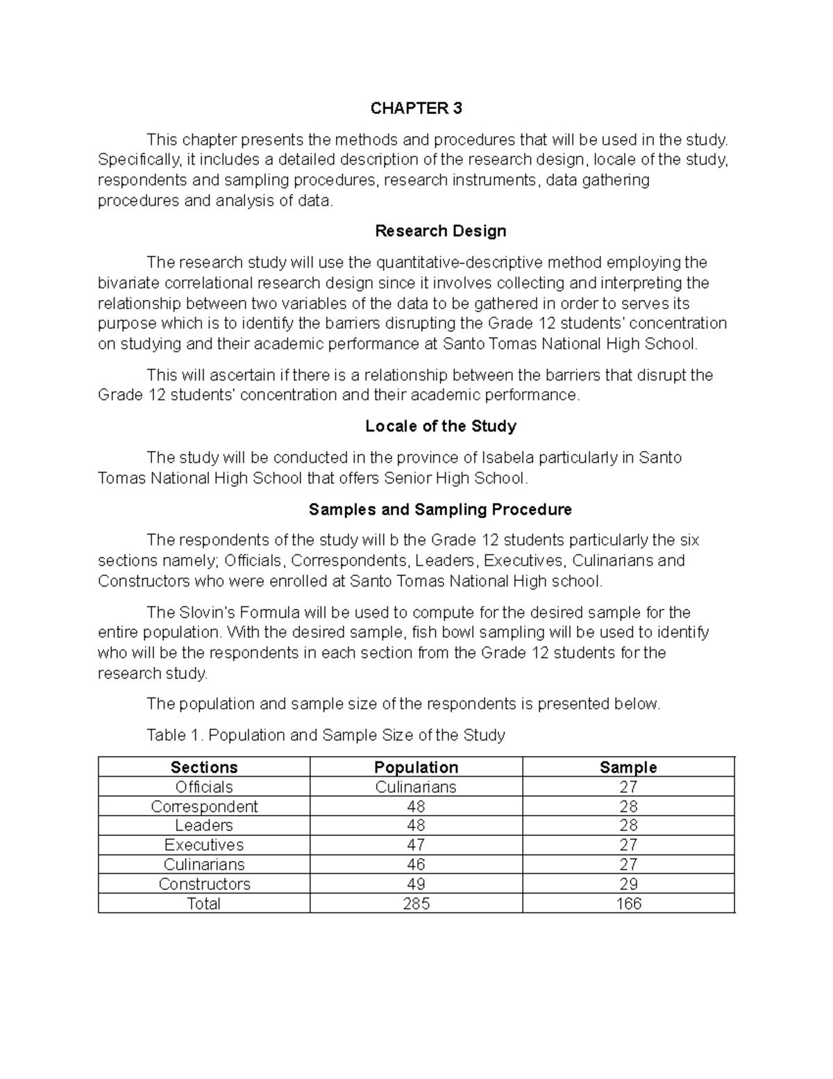Chapter 3 - Research Design and Methodology for Grade 12 Study - Studocu
