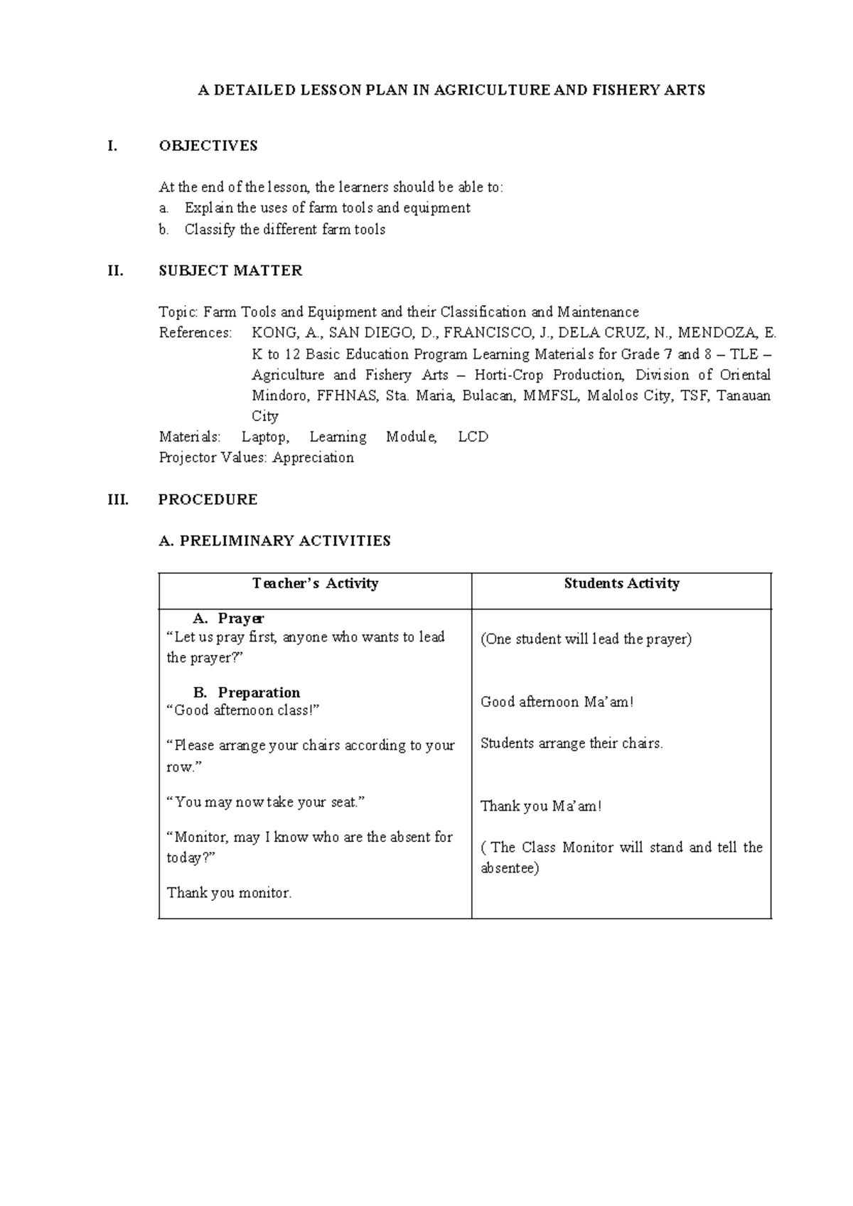 Detailed Lesson Plan: Farm Tools & Equipment in Agriculture and Fishery ...