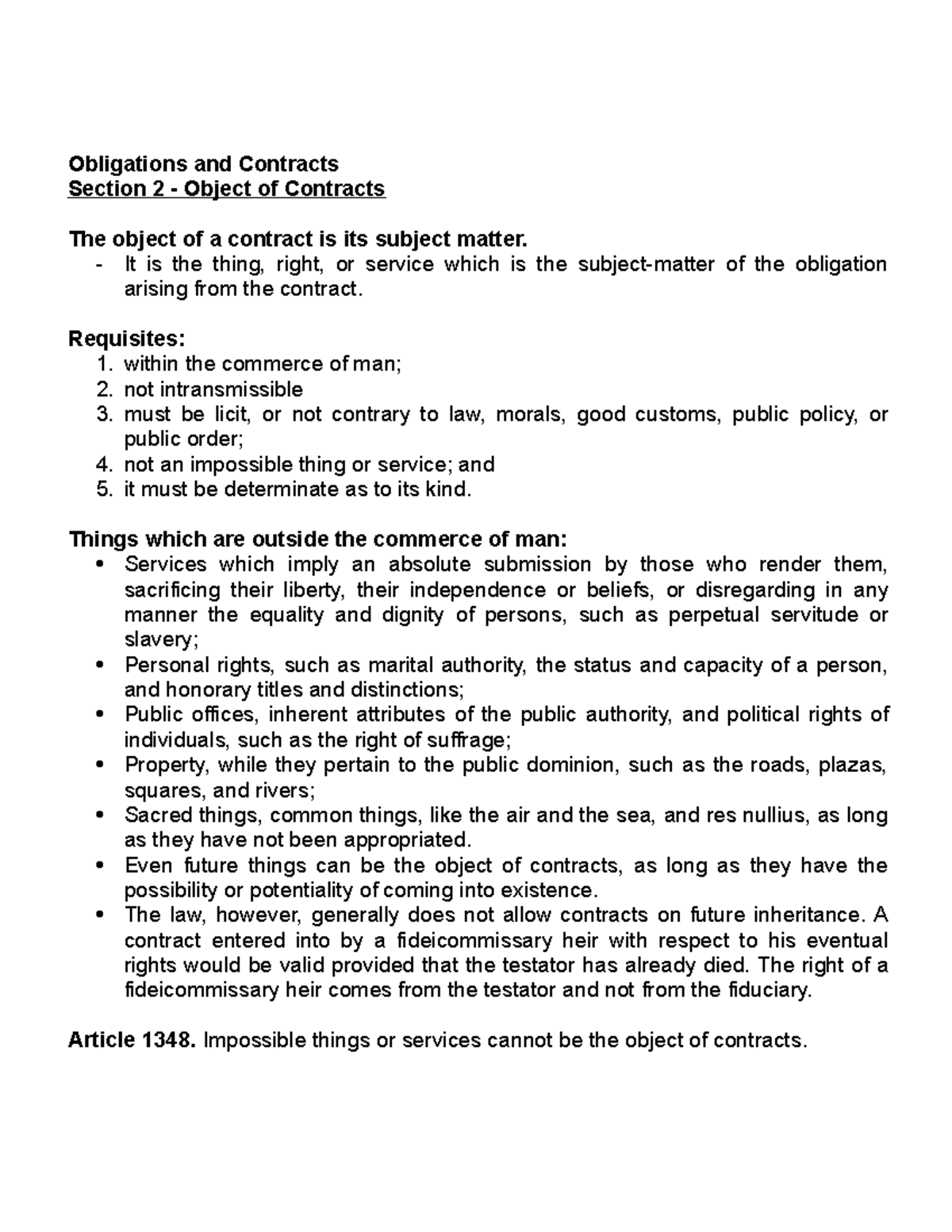 Section 2 - Objects of Contracts - Obligations and Contracts Section 2 ...