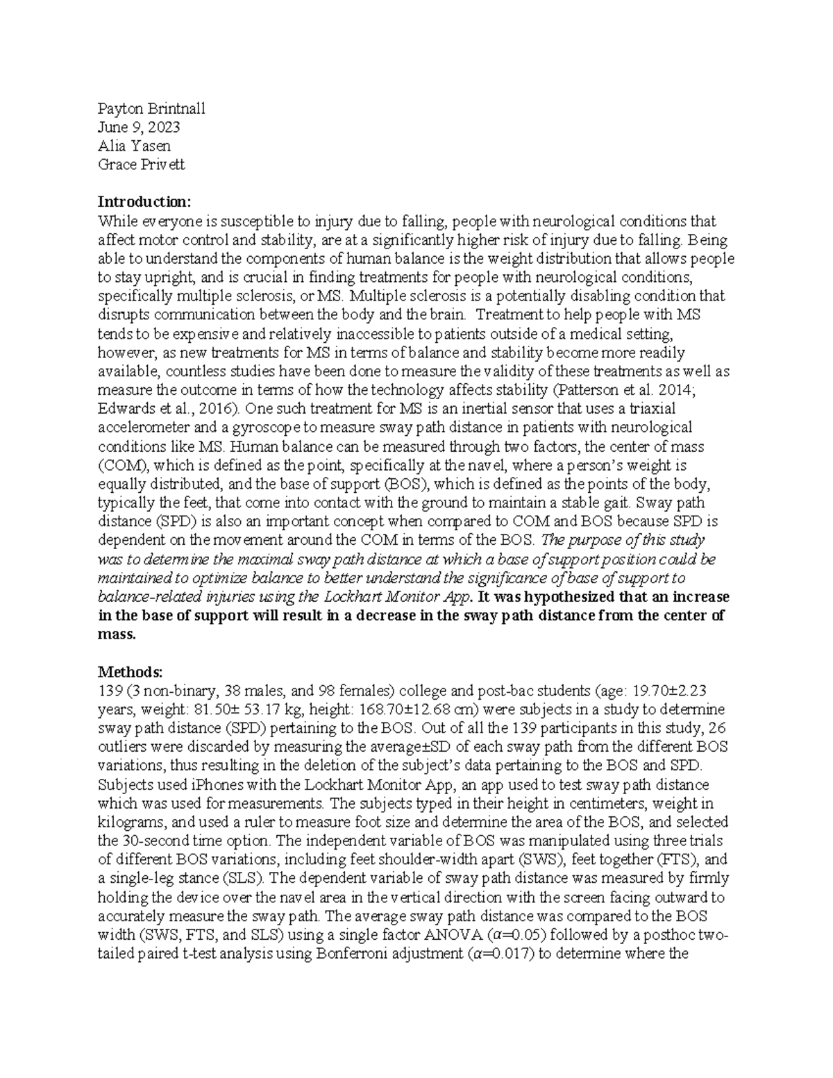 HPHY 212 Final Lab Report: Analyzing Balance and Sway in MS Patients ...