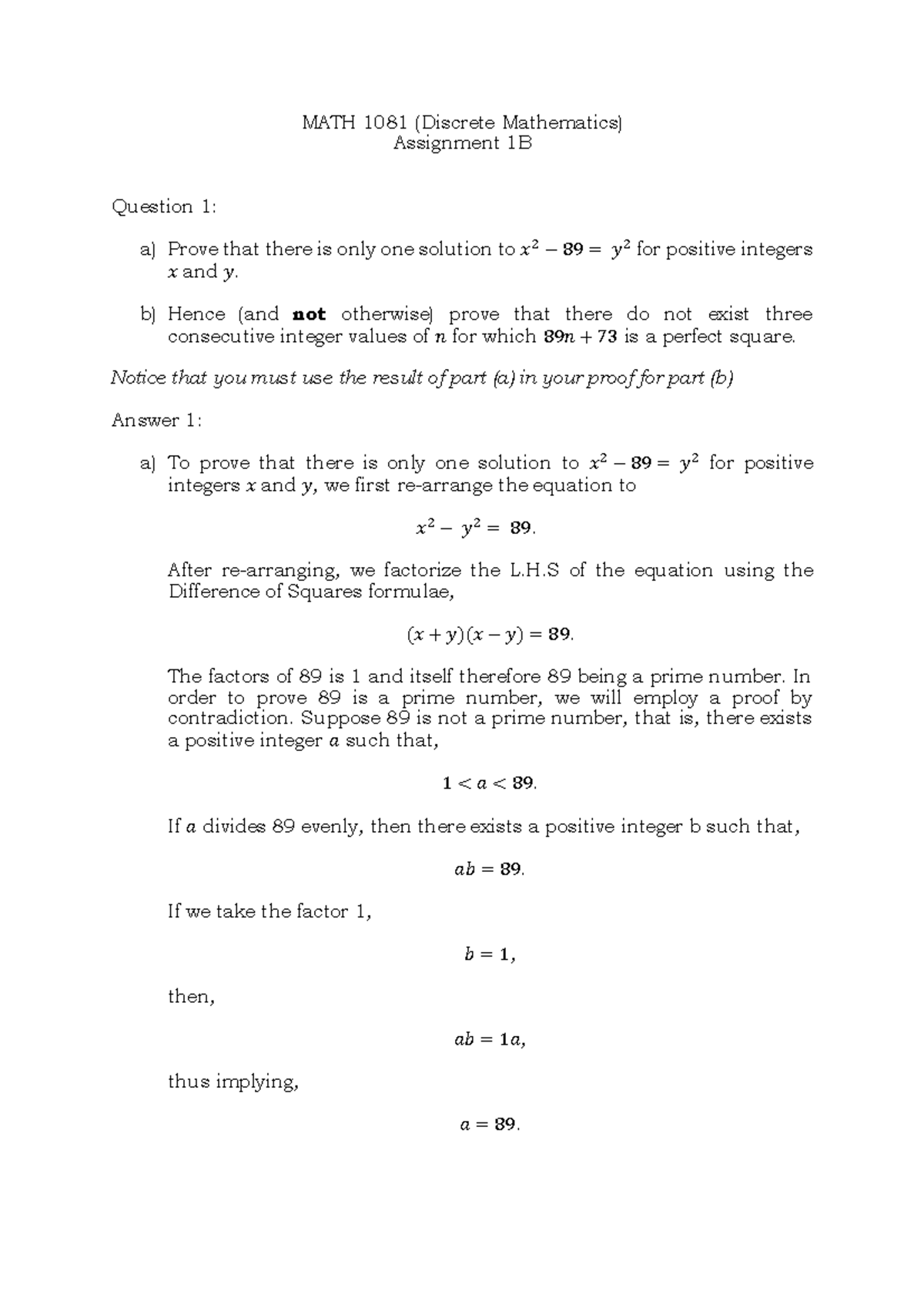 MATH 1081 Assignment 1B - MATH 1081 (Discrete Mathematics)Assignment 1B ...