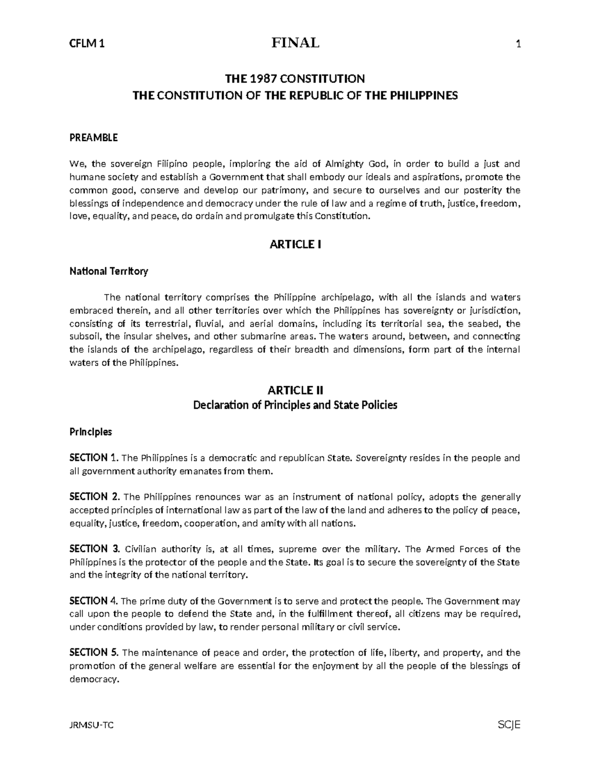 CFLM 1 FInal Lecture - It's a good note. - THE 1987 CONSTITUTION THE ...
