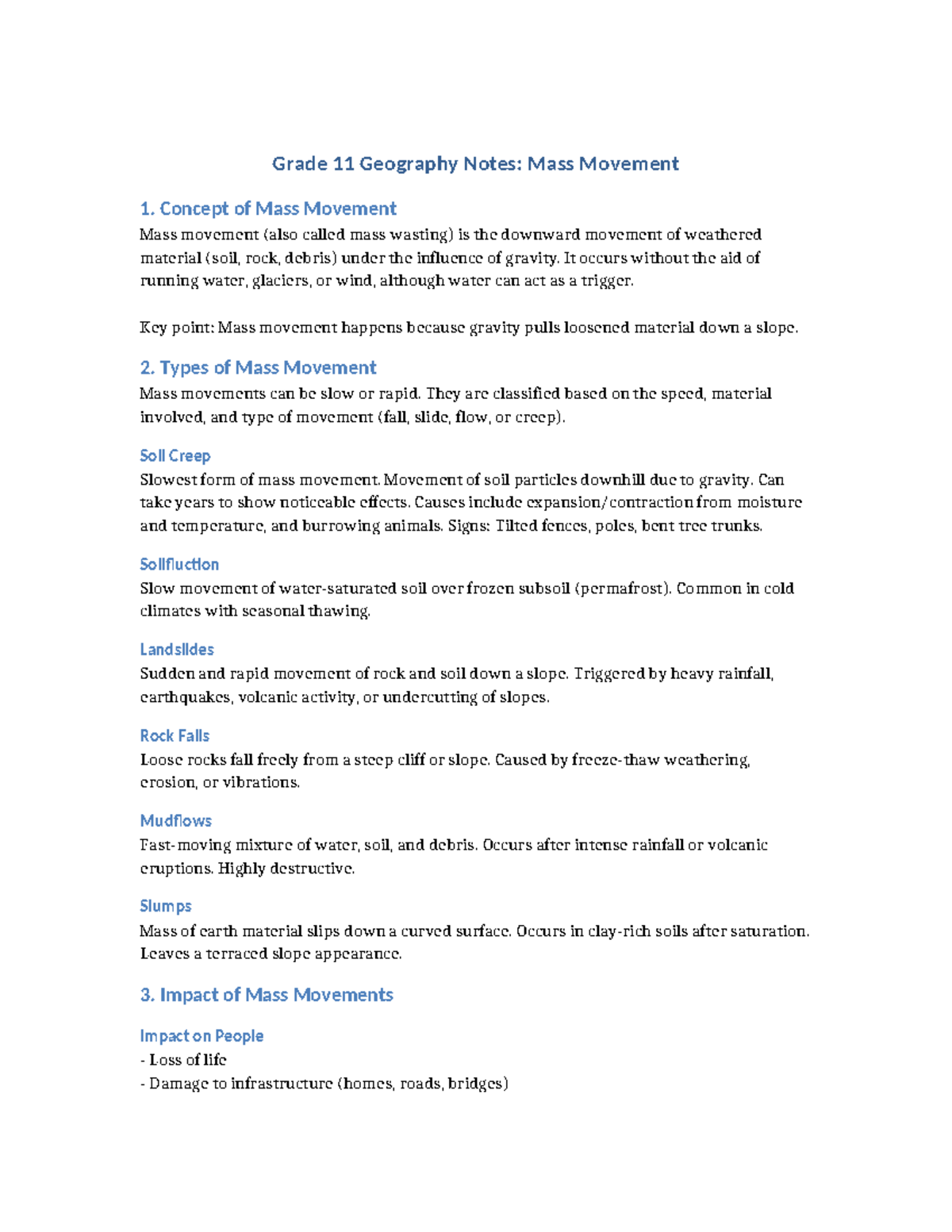 Grade 11 Geography Notes: Understanding Mass Movement Concepts - Studocu