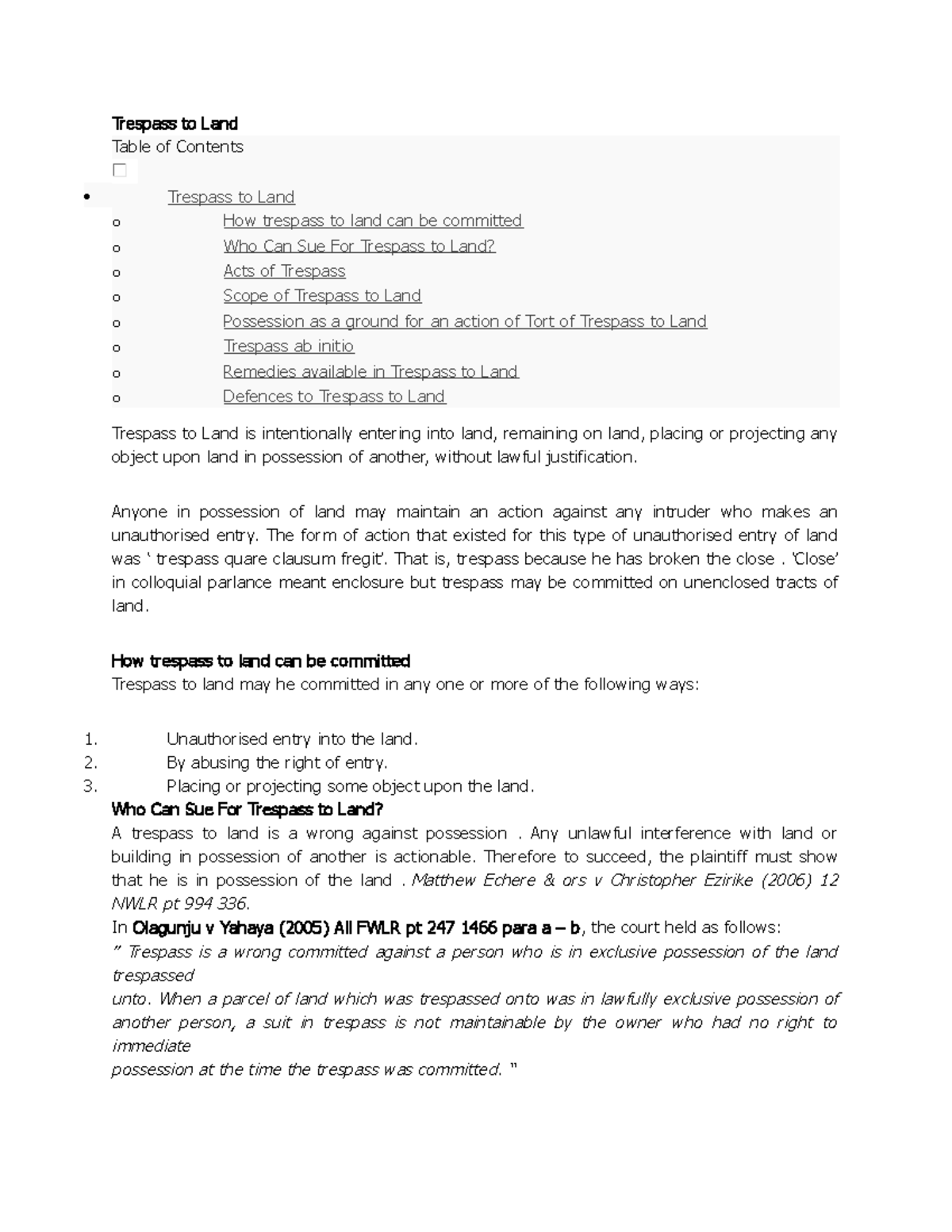 Trespass to Land: Key Concepts and Legal Implications - LAW 101 - Studocu