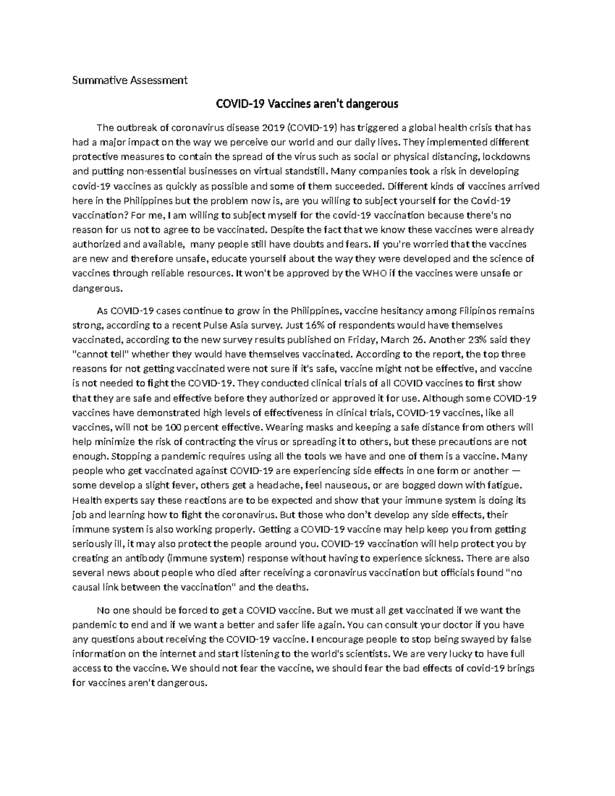 Argumentative Essay on COVID-19 Vaccines: Safety and Efficacy - Studocu