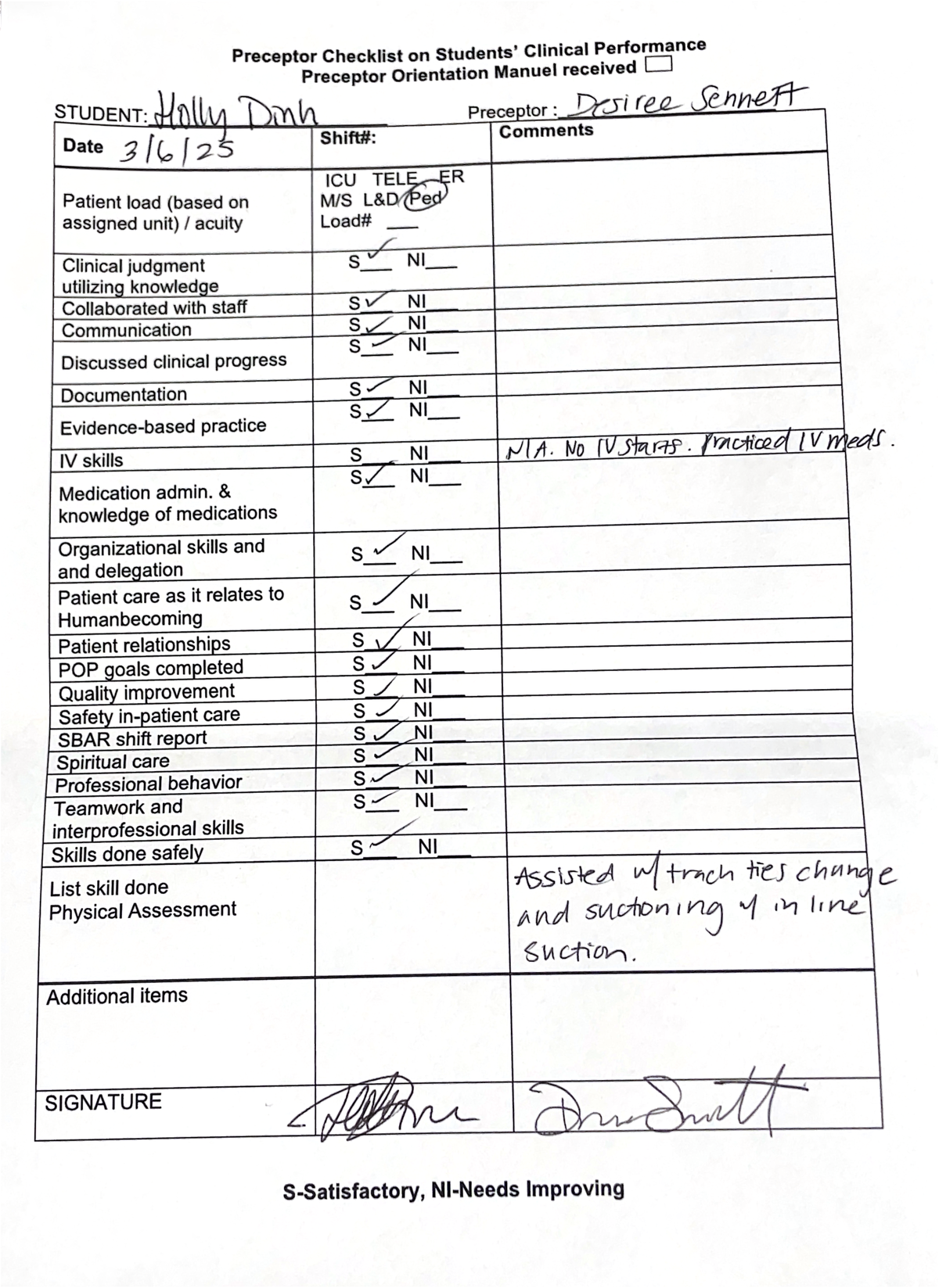 Preceptor Checklist #3 - practiced IV meds. S NI Medication admin ...