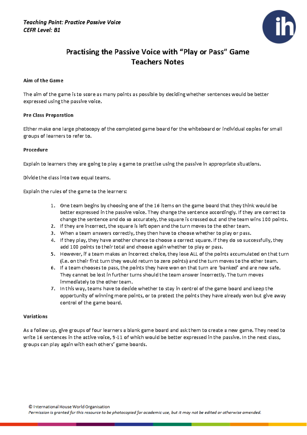 Passive Voice Practice Game: Play or Pass (CEFR B1) - Studocu