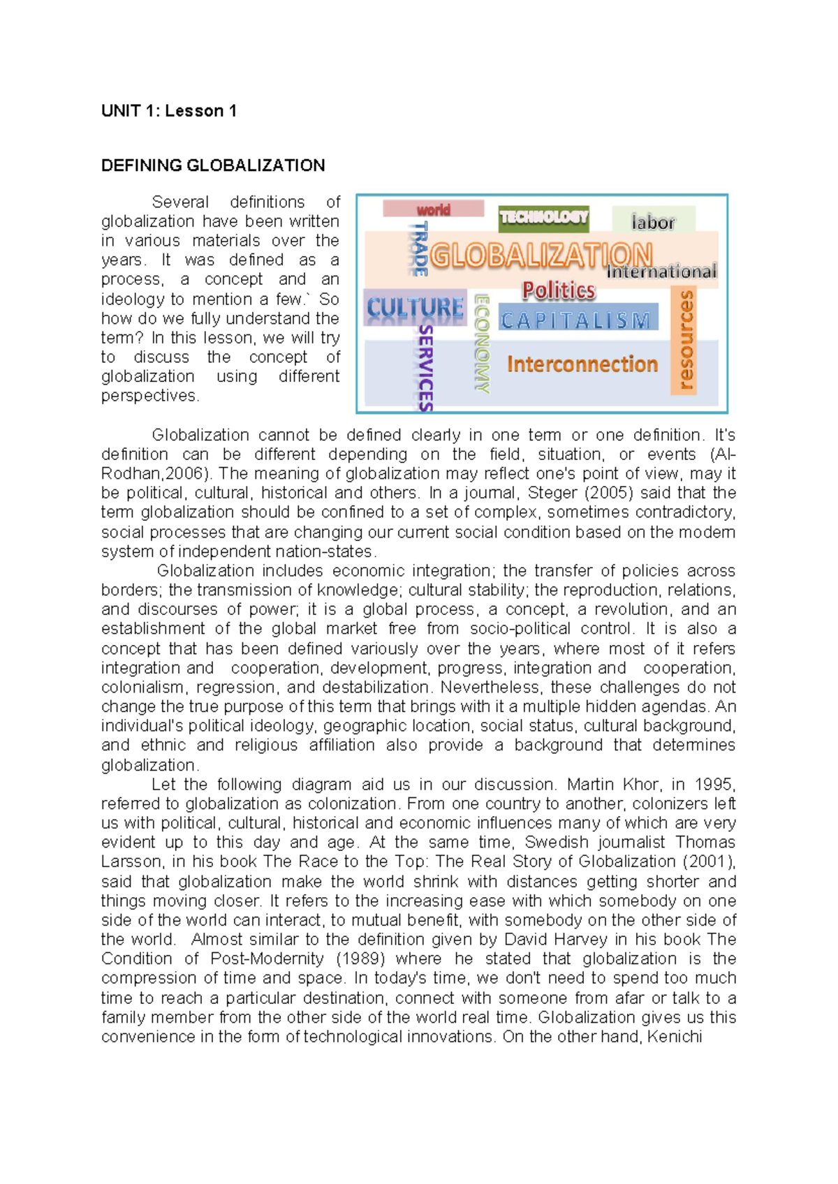 Readings 1 Definition of Globalization - UNIT 1: Lesson 1 DEFINING ...