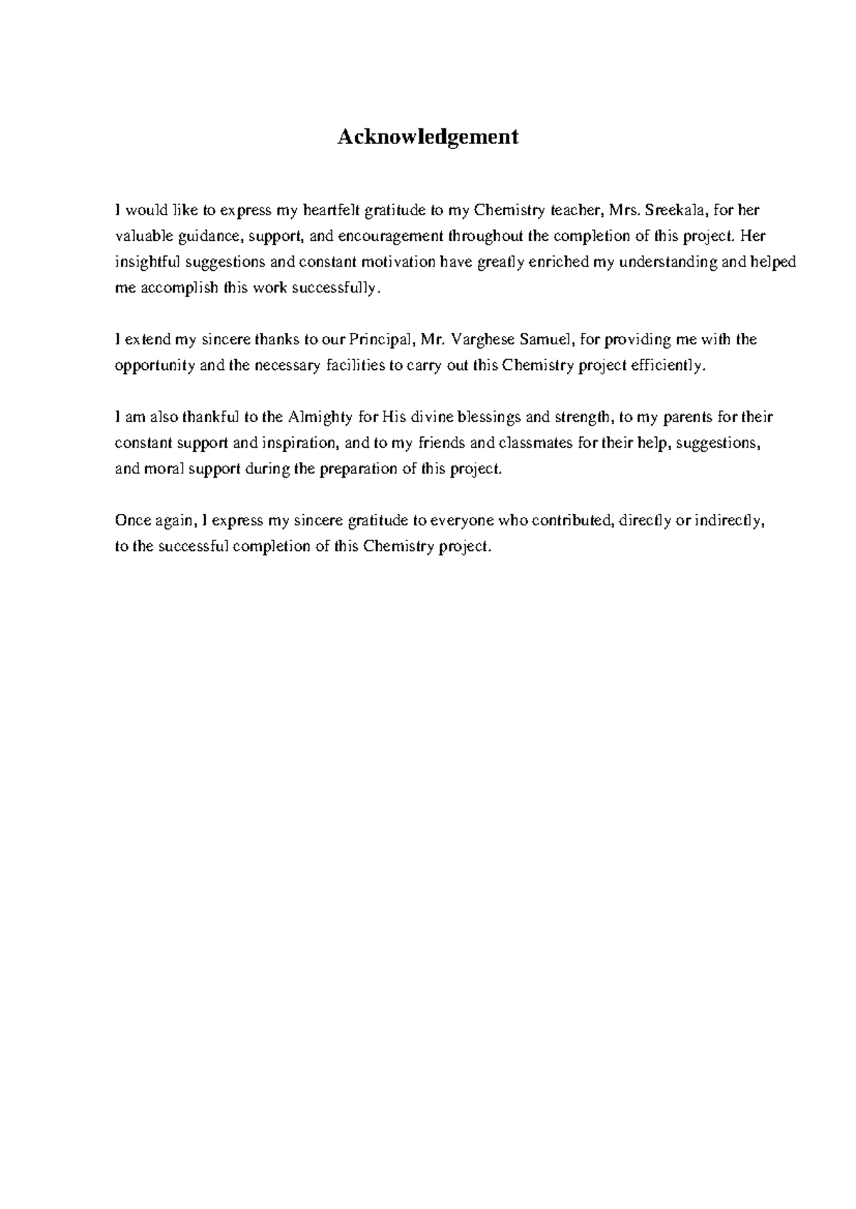 Acknowledgement of Support for Chemistry Project Completion - Studocu