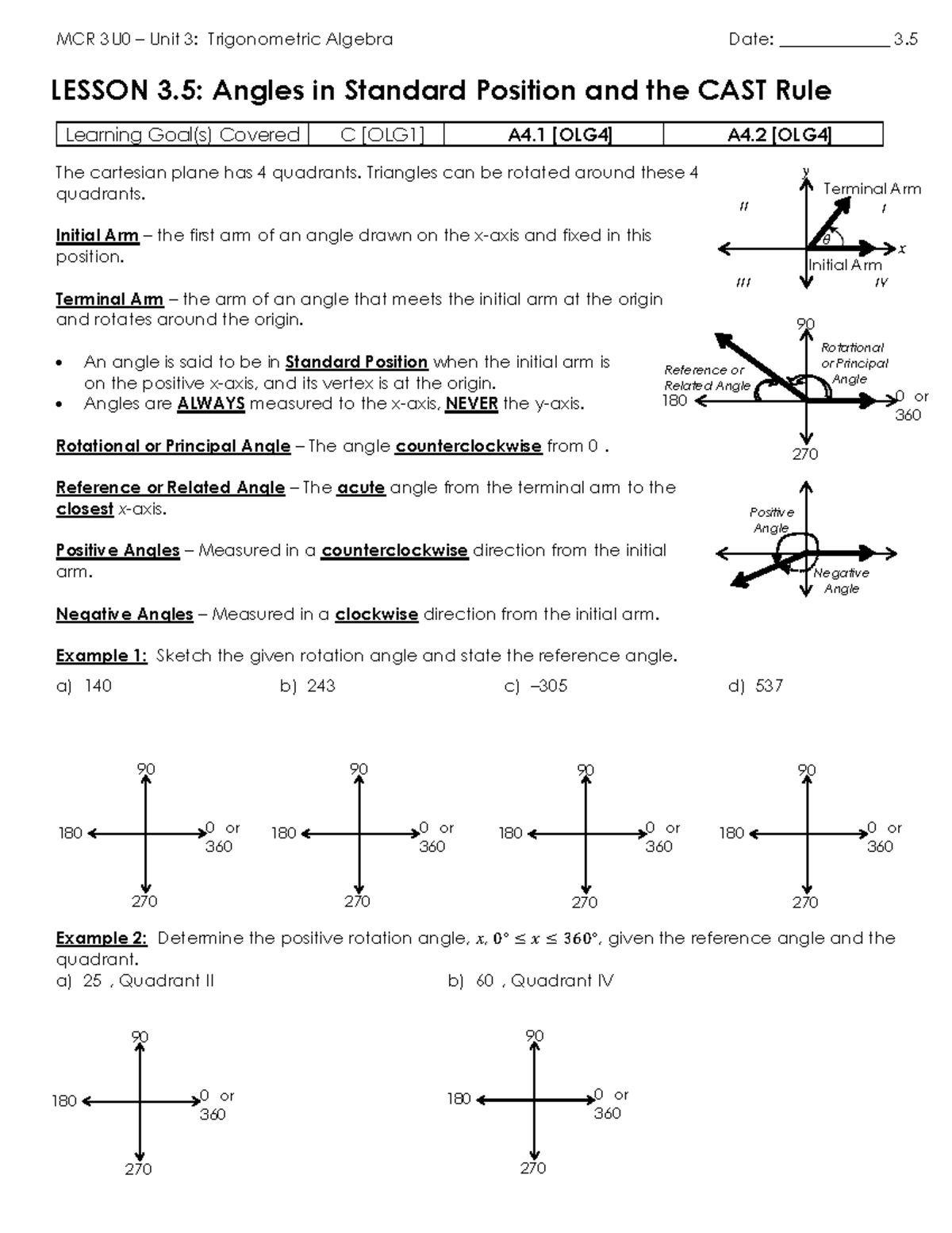 MCR 3U0 Unit 3: Lesson 3.5 - Angles & CAST Rule Overview - Studocu