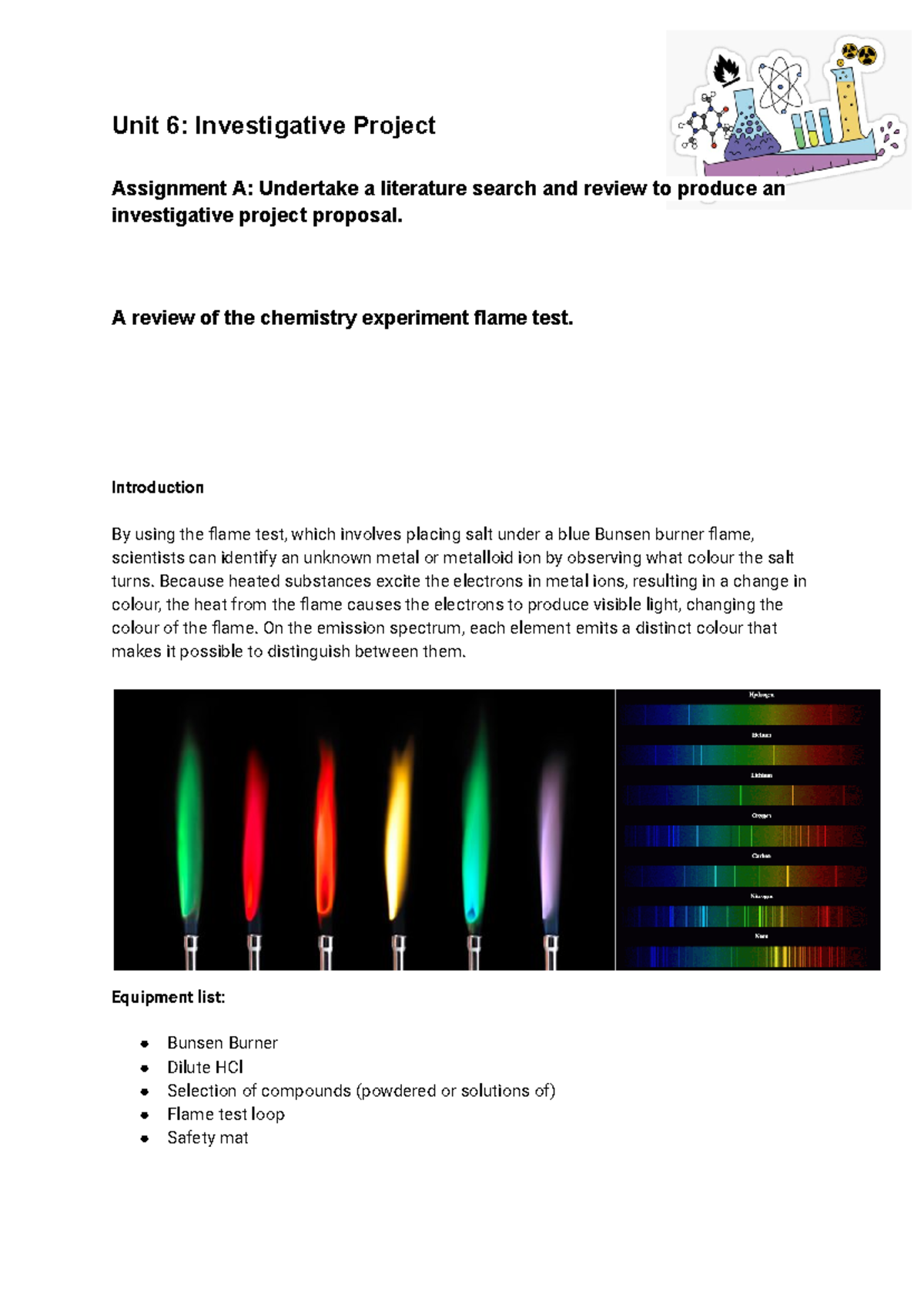 Applied Science - Unit 6: Flame Test Investigative Project Assignment A ...