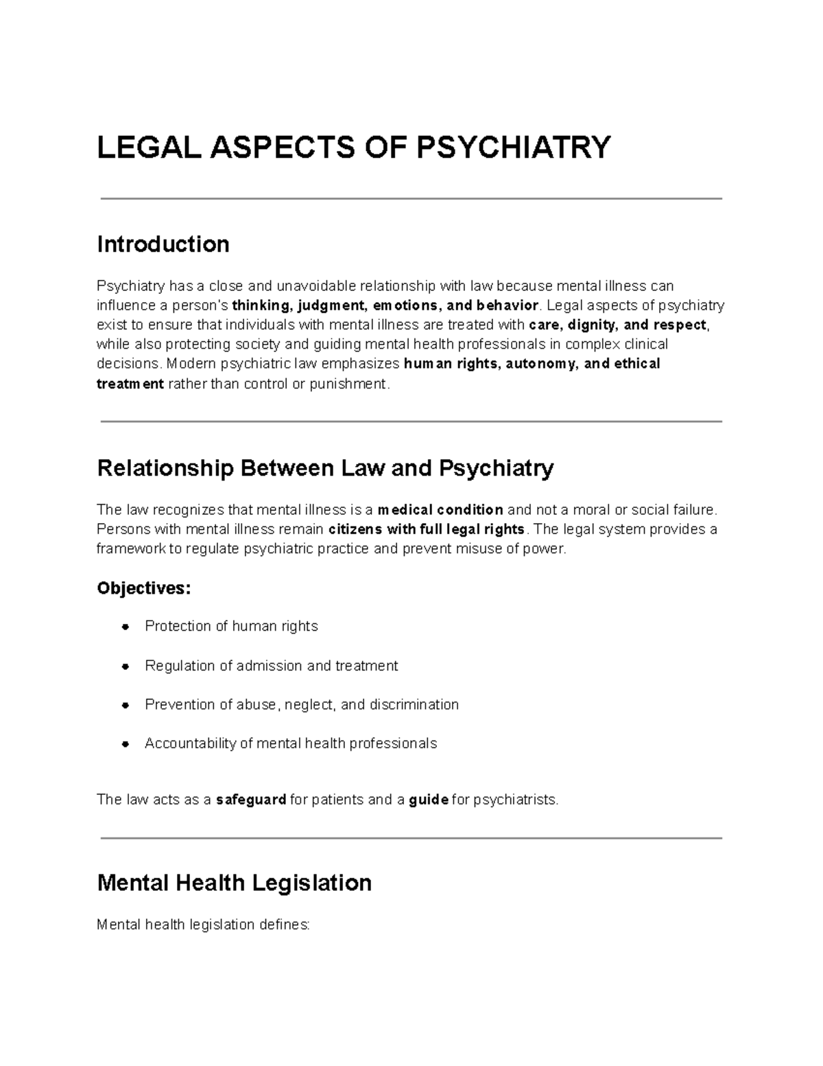 Legal Aspects in Psychiatry: A Comprehensive Overview - Studocu