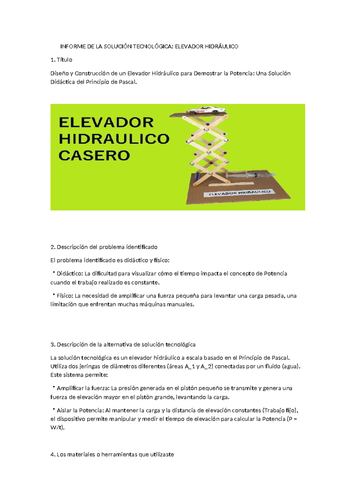 Informe Tecnológico: Elevador Hidráulico y Principio de Pascal - Studocu