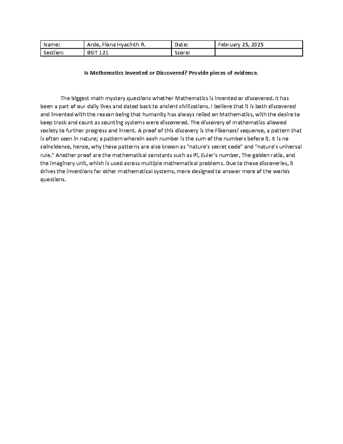 Arde Week1-2MMW - math in the modern world essay - Name: Arde, Fiona ...