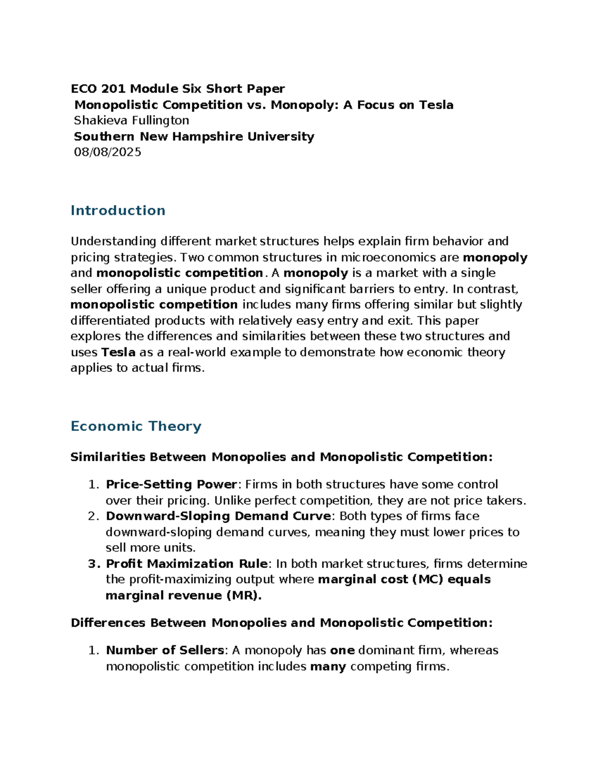 ECO 201 Module 6 Short Paper: Monopolistic Competition vs. Monopoly in ...