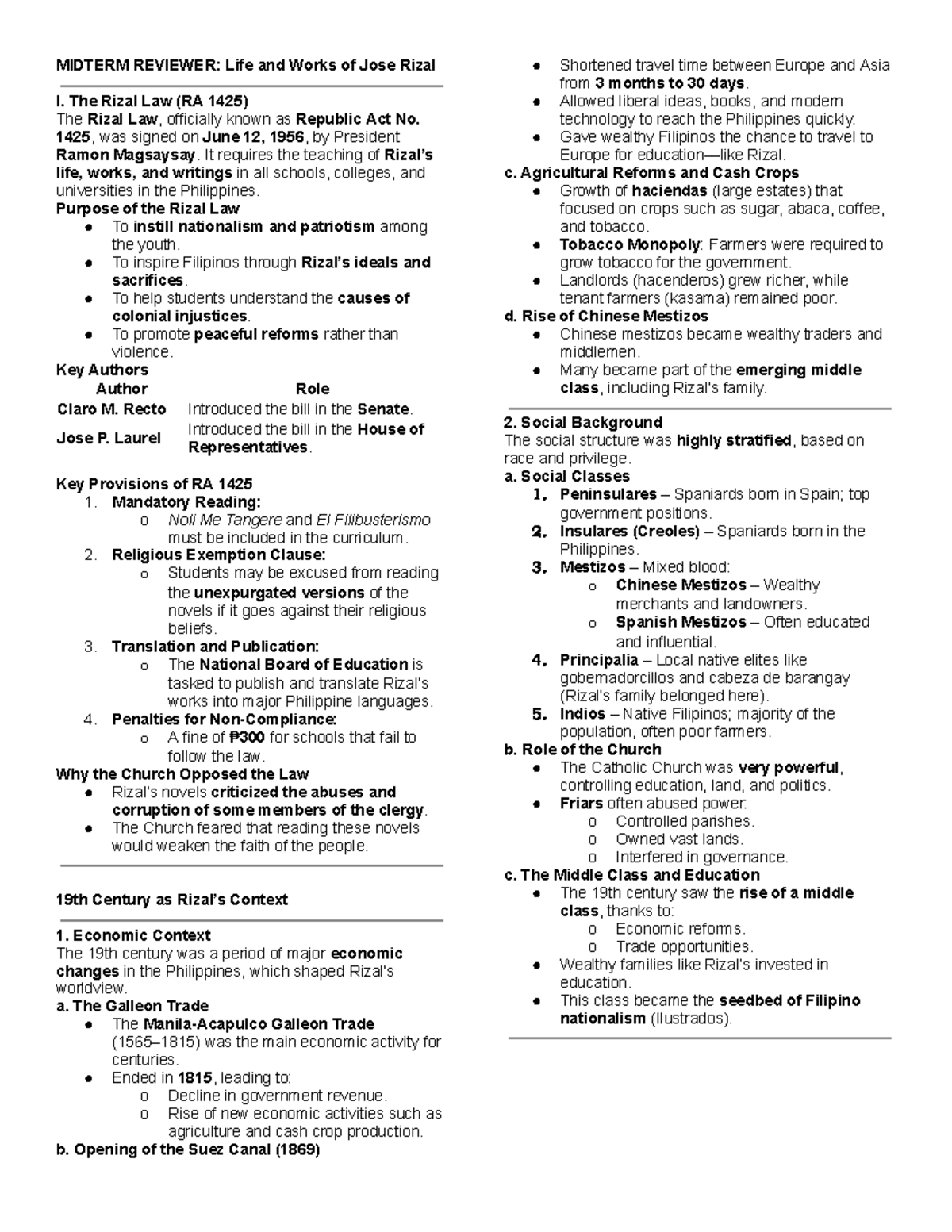 MIDTERM REVIEWER: The Rizal Law and Jose Rizal's Context - Studocu
