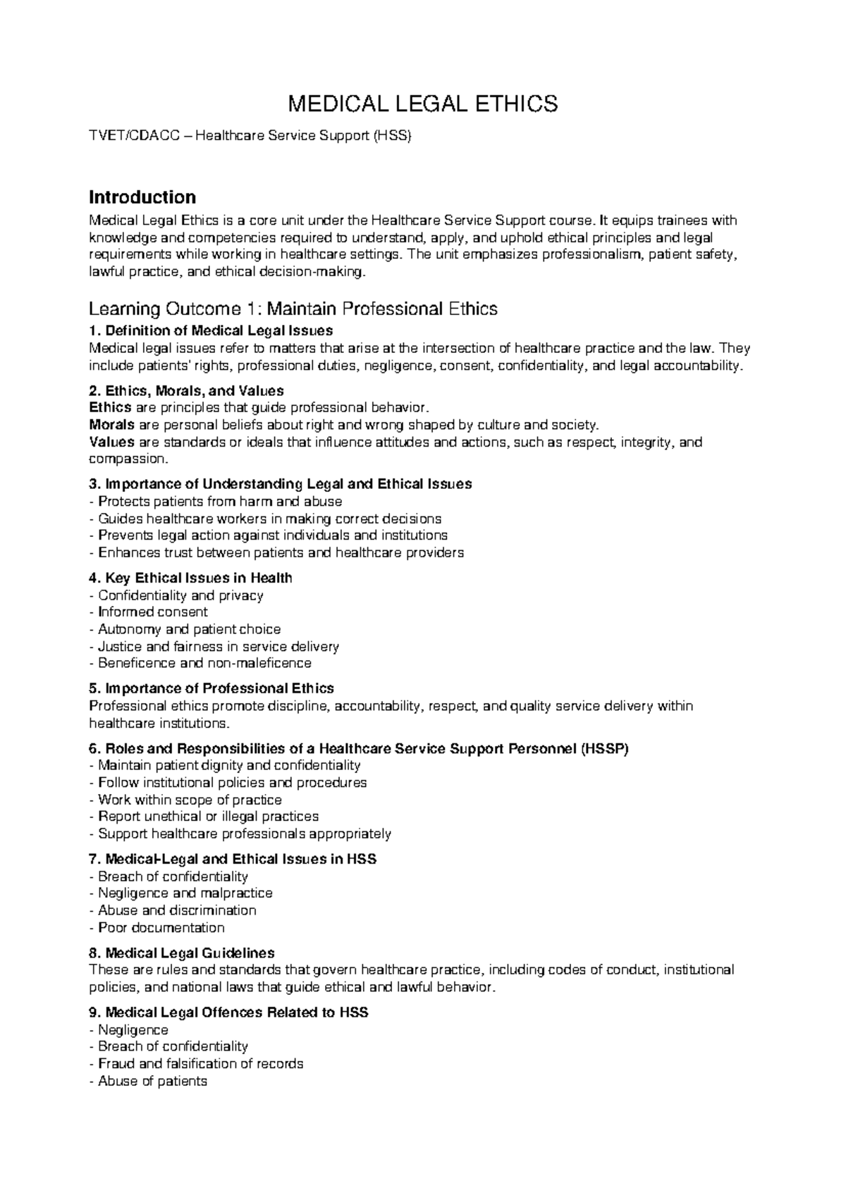 Medical Legal Ethics HSS: Comprehensive Study Notes - Studocu