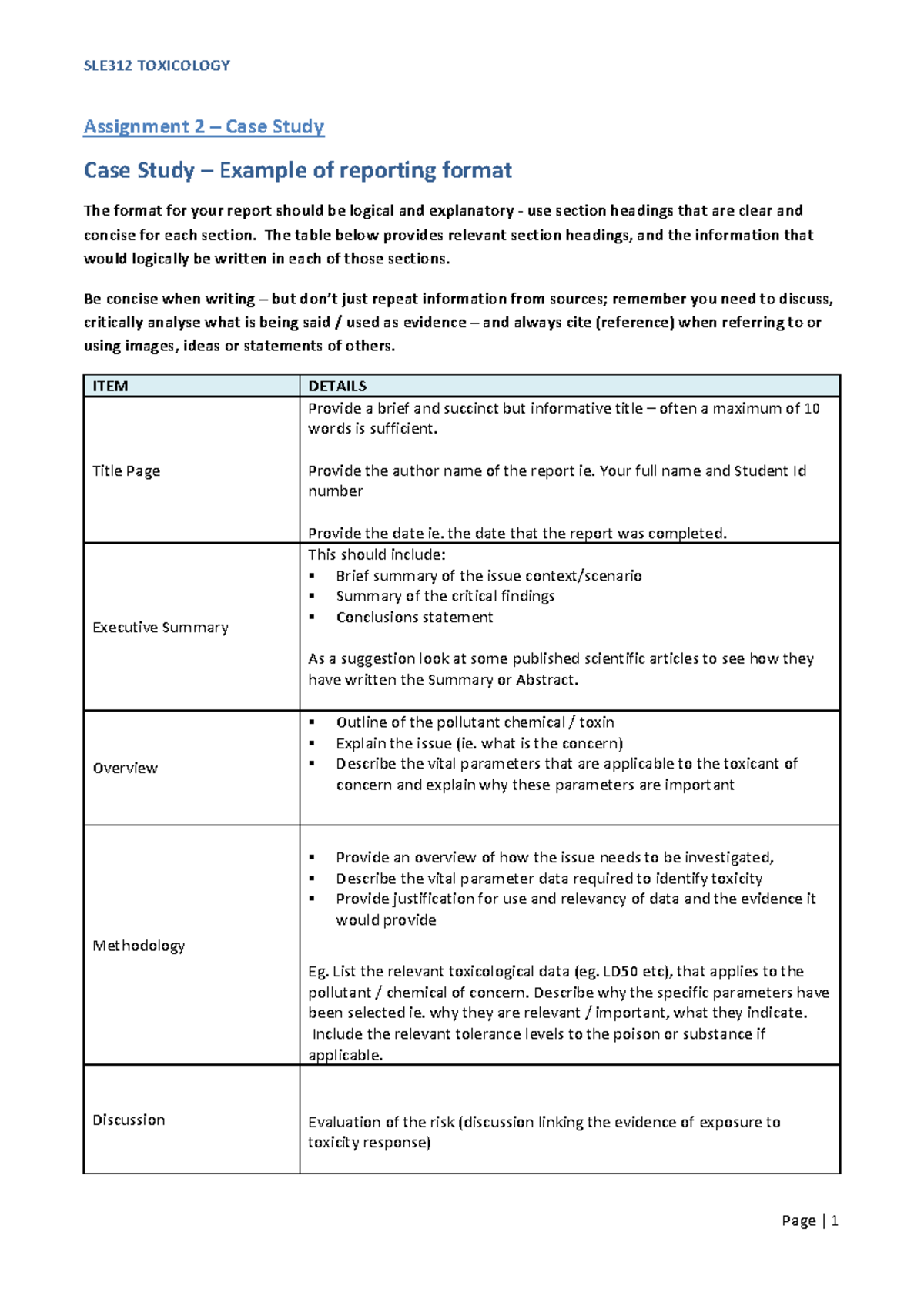 SLE312 - Toxicology Assignment 2 Case Study Reporting Format Guide ...