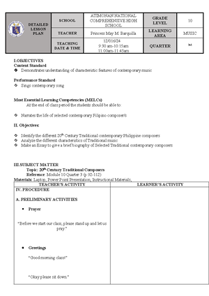 G10 DLP Music DAY-3 - Daily Lesson Plan - DETAILED LESSON PLAN SCHOOL ...