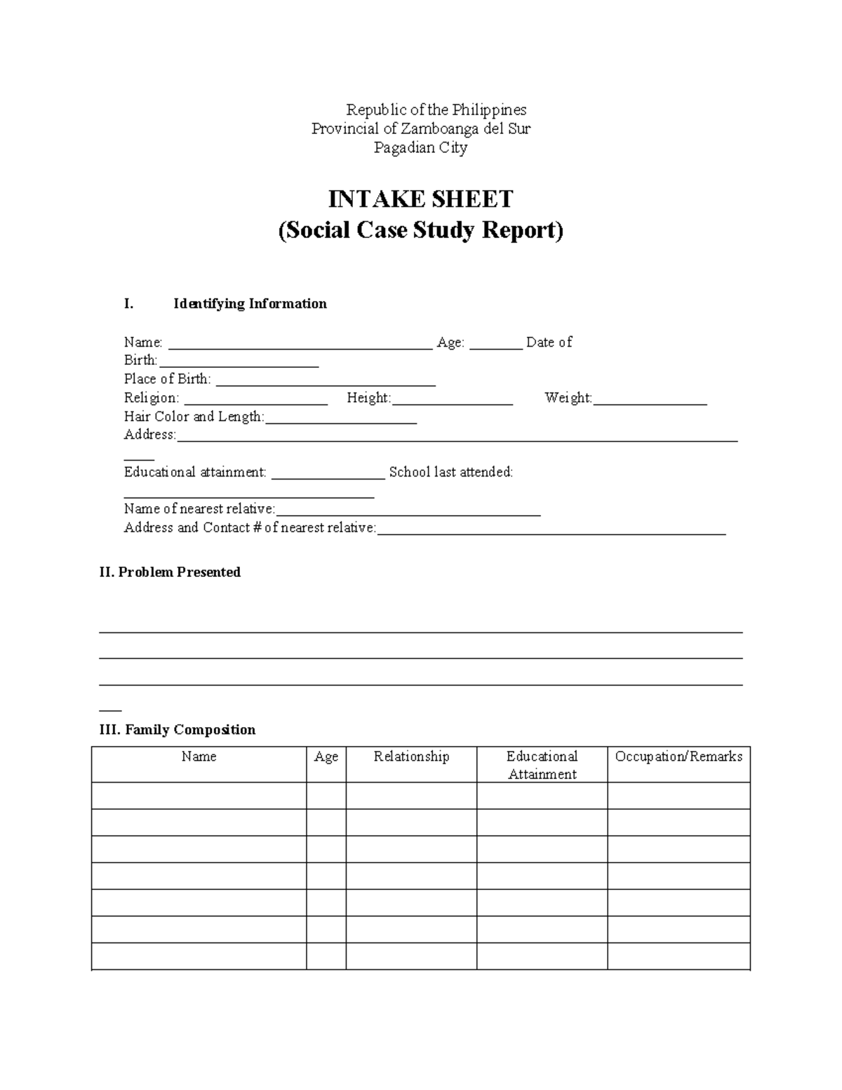 Intake SCSR - Republic of the Philippines Provincial of Zamboanga del Sur Pagadian City INTAKE ...