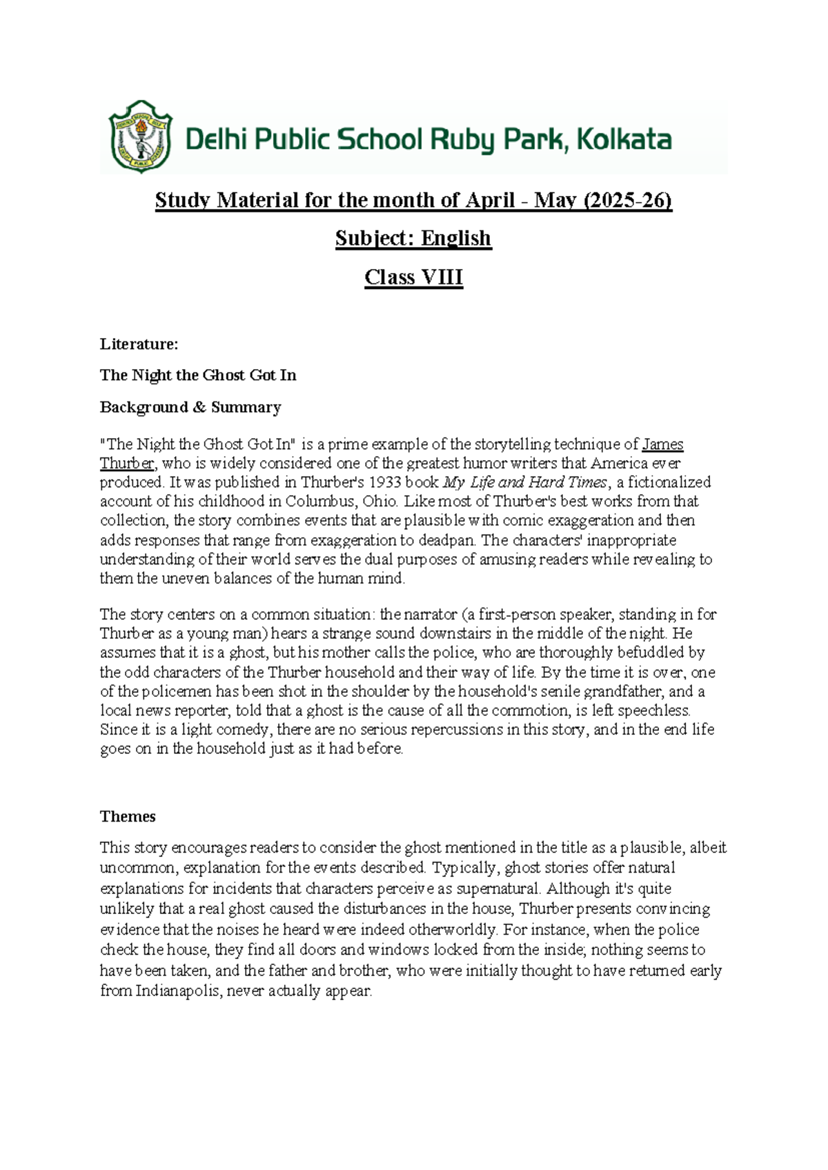 Class 8 English Literature Study Notes: The Night the Ghost Got In ...