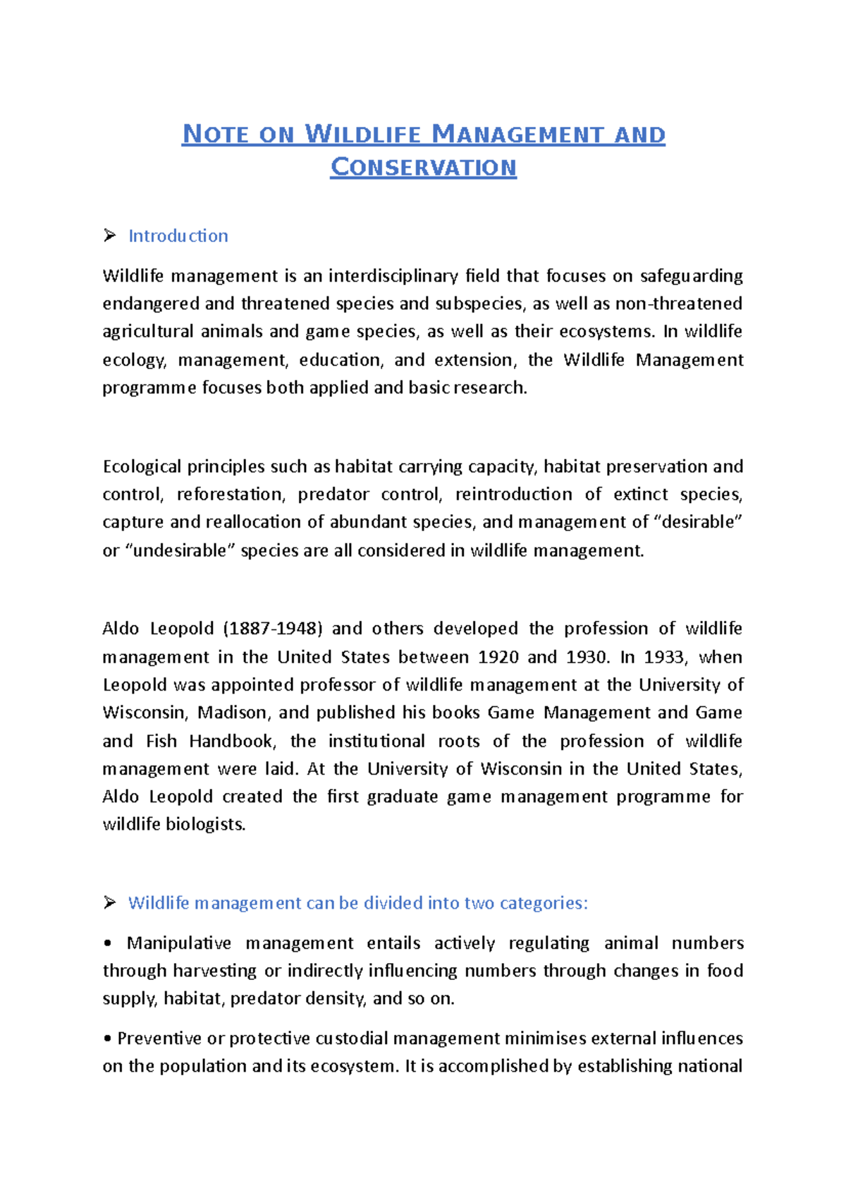 Note on wildlife management and conservation - N OTE ON WILDLIFE ...