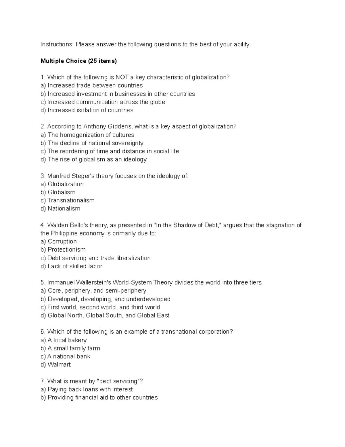 Globalization Mock Test: Multiple Choice & Identification Questions ...