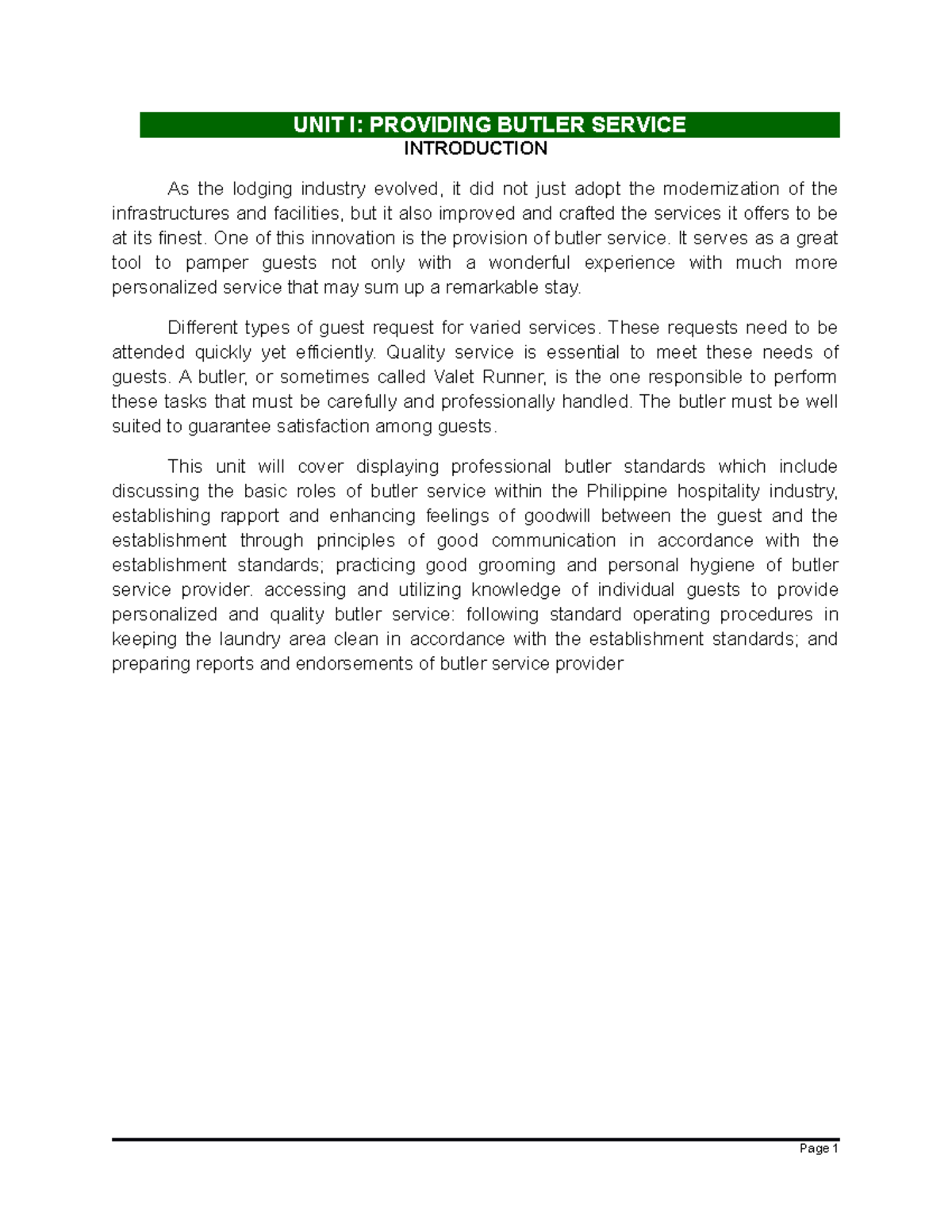 SHS Housekeeping 2 - UNIT I: PROVIDING BUTLER SERVICE INTRODUCTION As ...