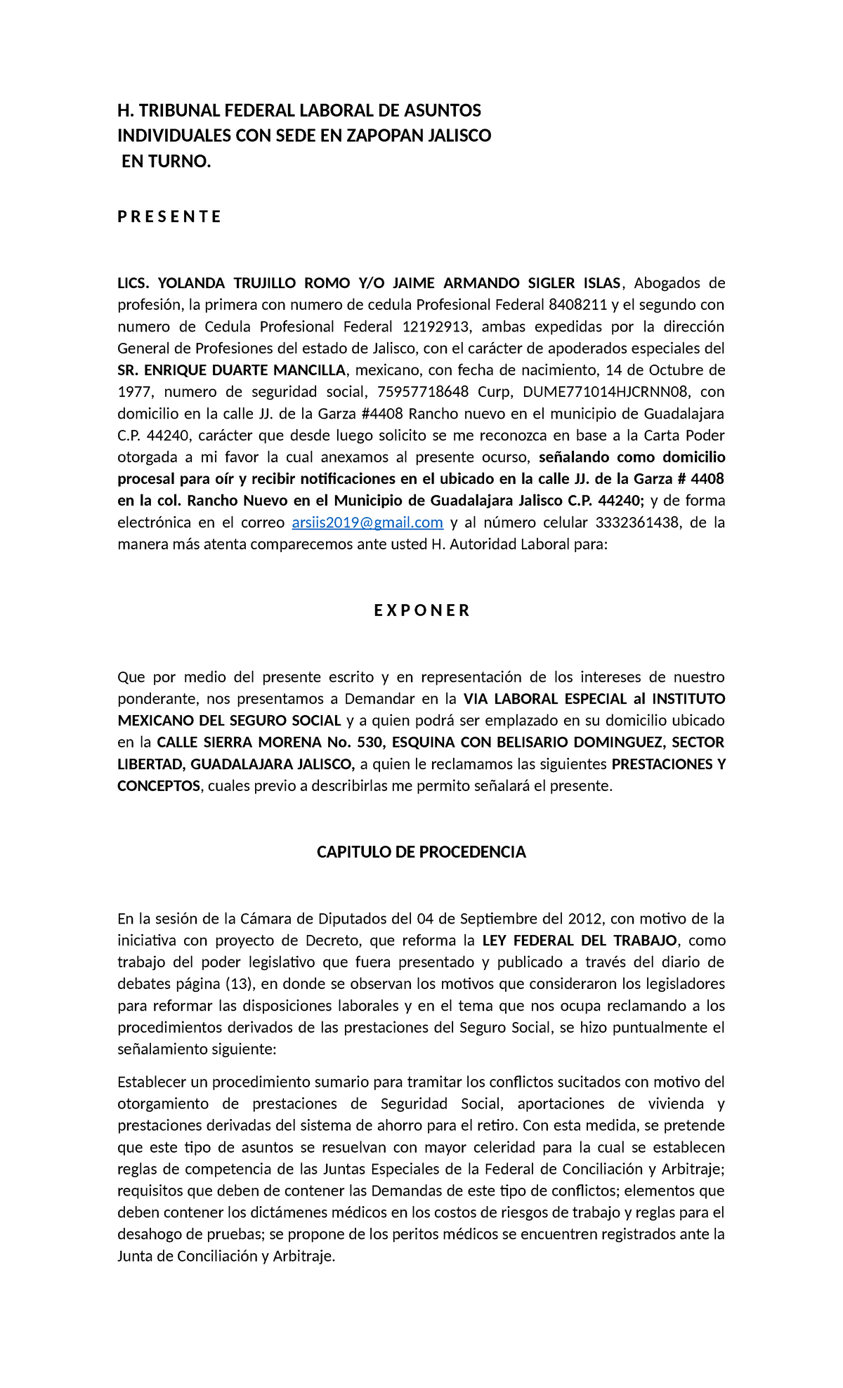 Demanda de Invalidez y Prestaciones ante el IMSS - IPP SR. Enrique ...
