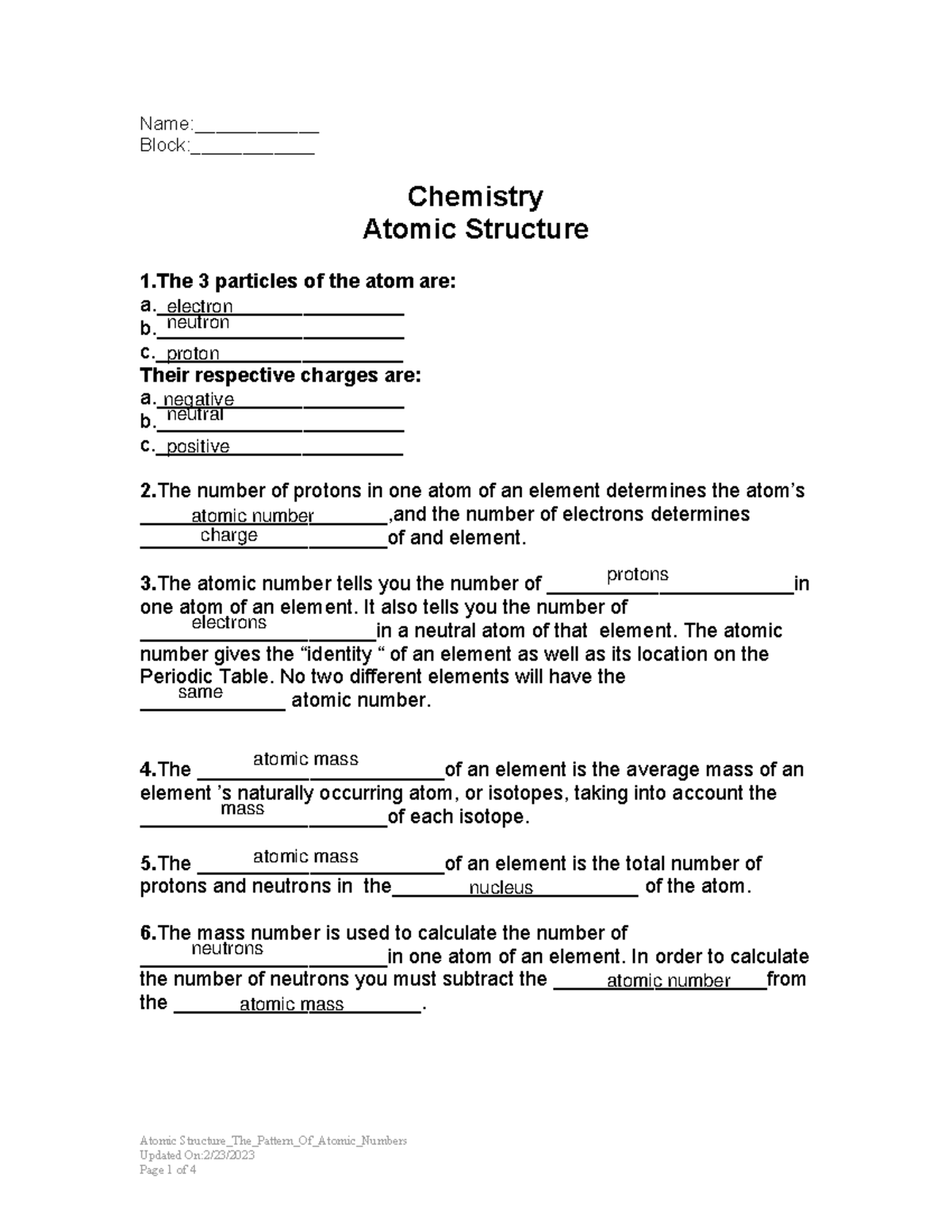Y11 Module 1 - Atomic Structure Worksheet: Key Concepts and ...