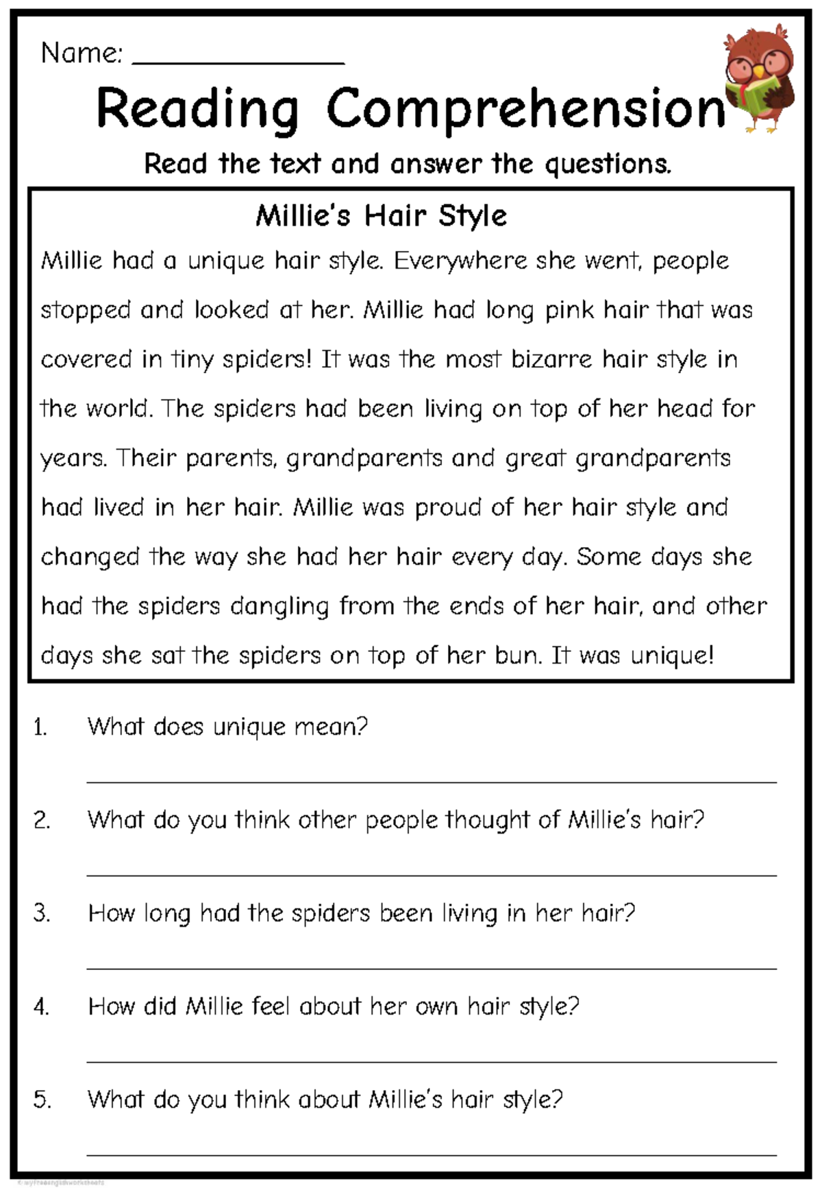 Reading Comprehension Grade 2: Millie's Unique Hair Style - Studocu