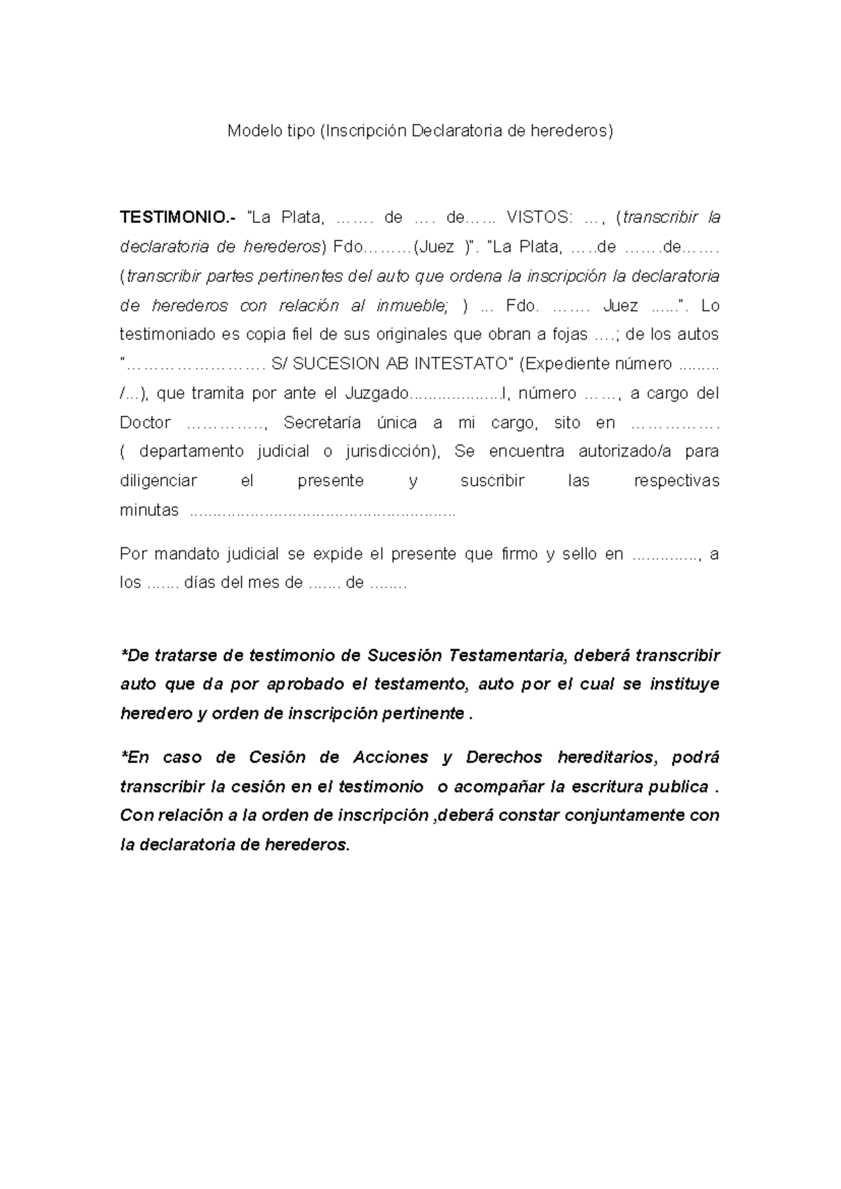 Modelo de Testimonio para Declaratoria de Herederos - Anexo III-2 - Studocu