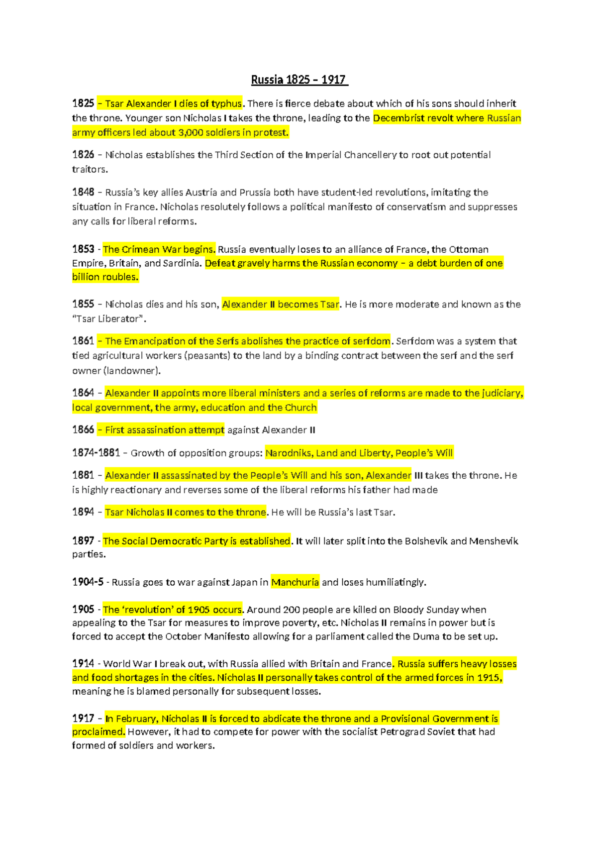 Russia Historical Timeline: Key Events 1825-1917 - Studocu