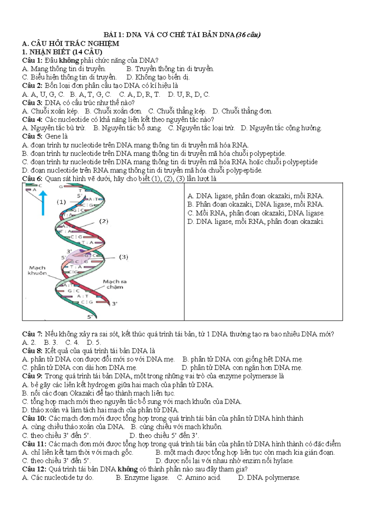 Trắc Nghiệm Bài 1: DNA và Cơ Chế Tái Bản DNA (36 Câu) - Studocu