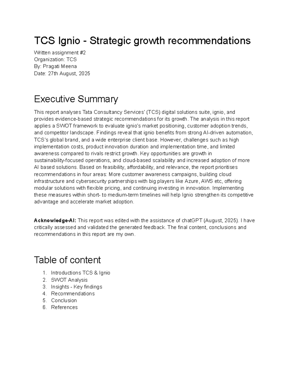 TCS: Strategic Growth Recommendations for Ignio - Written Assignment ...