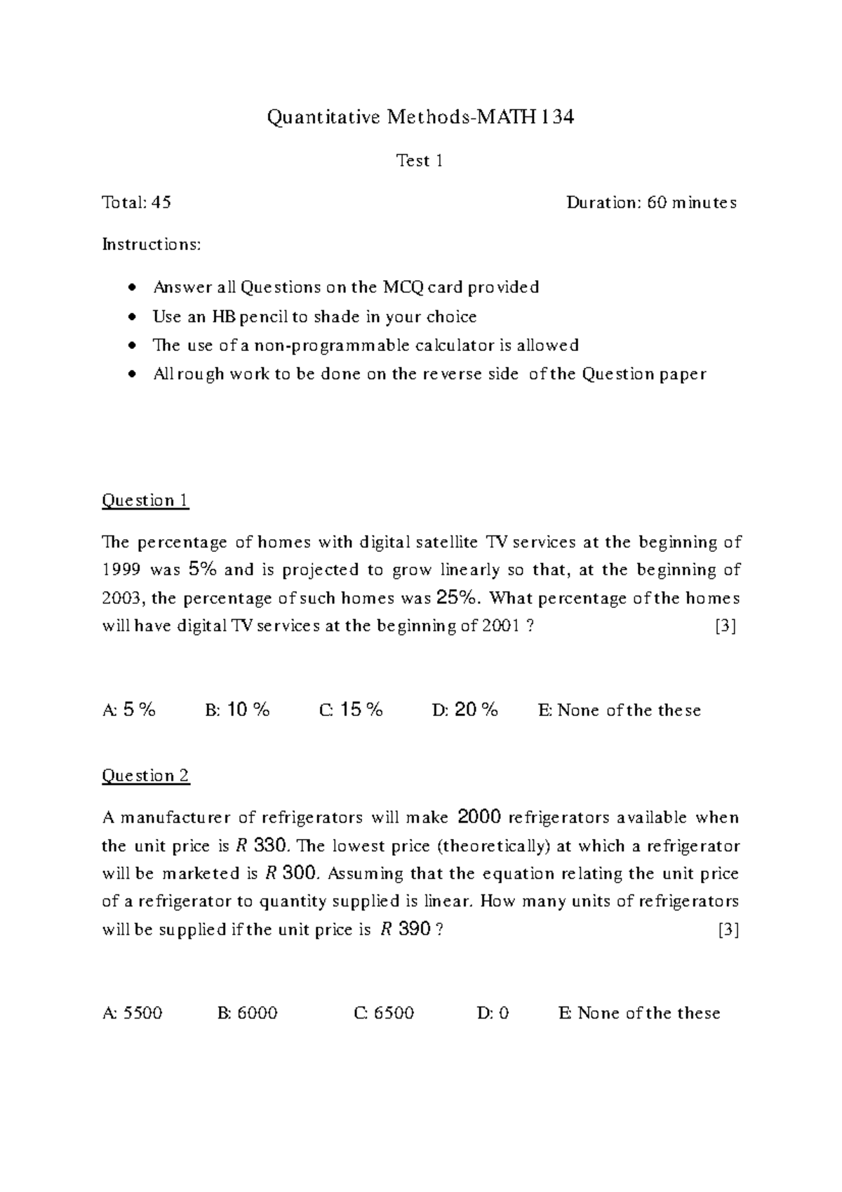 MATH 134 Test 1 - 2015 Exam Questions and Solutions - Studocu