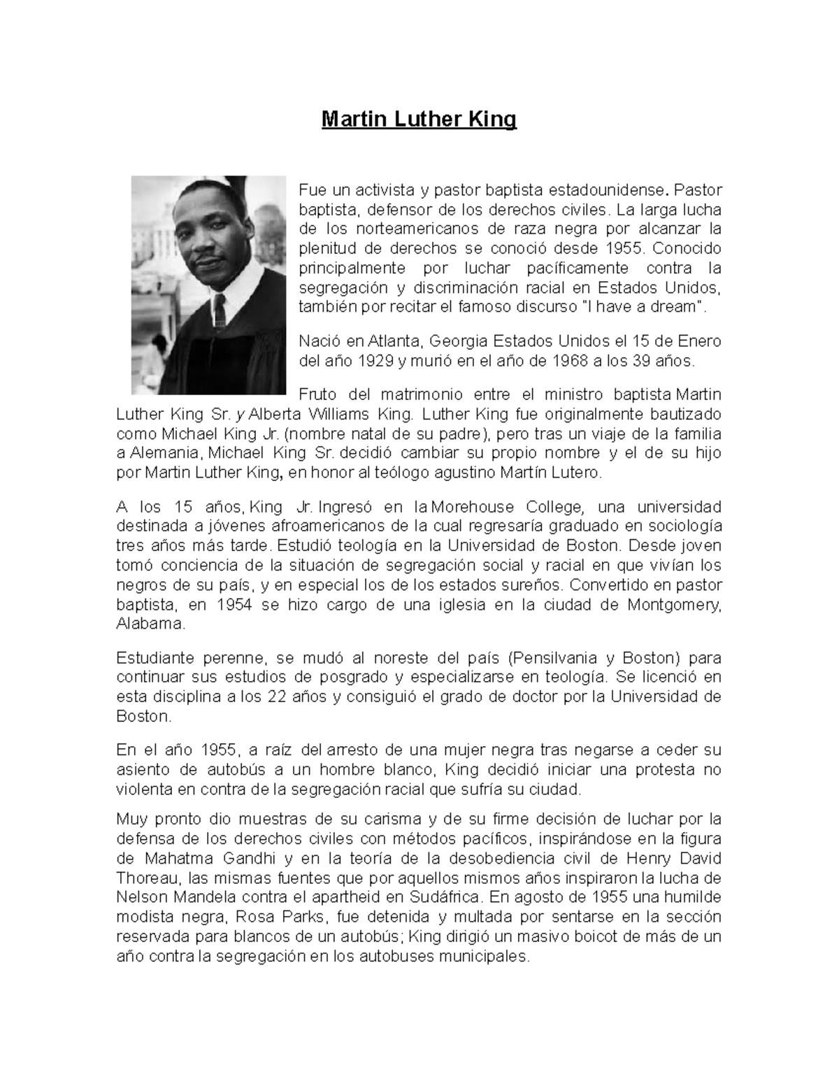 Biografía de Martin Luther King: Activismo y Derechos Civiles - Studocu