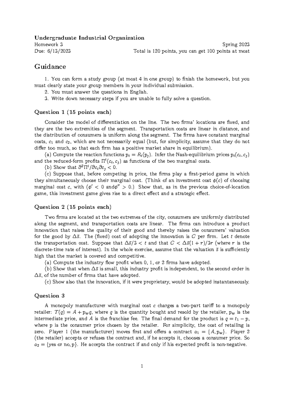 IOHW3 - Industrial Organization Homework 3 (Spring 2023) - Studocu