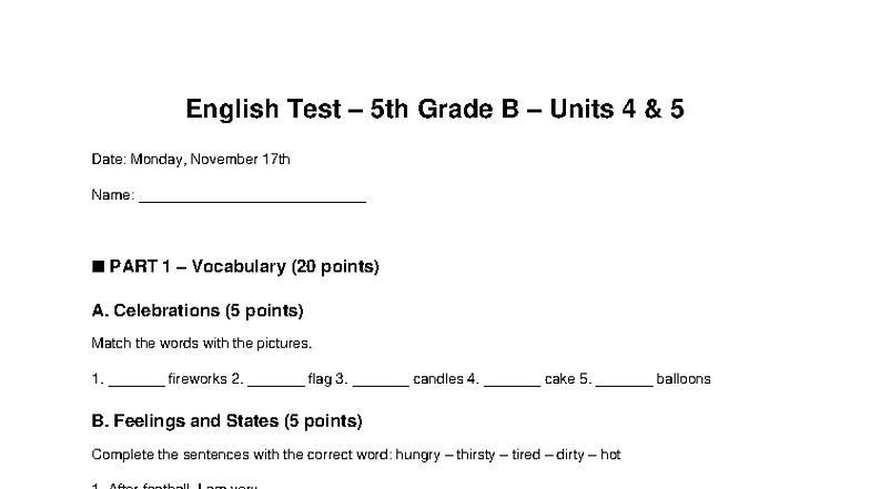 English Test 5th Grade B: Units 4 & 5 Review - Studocu