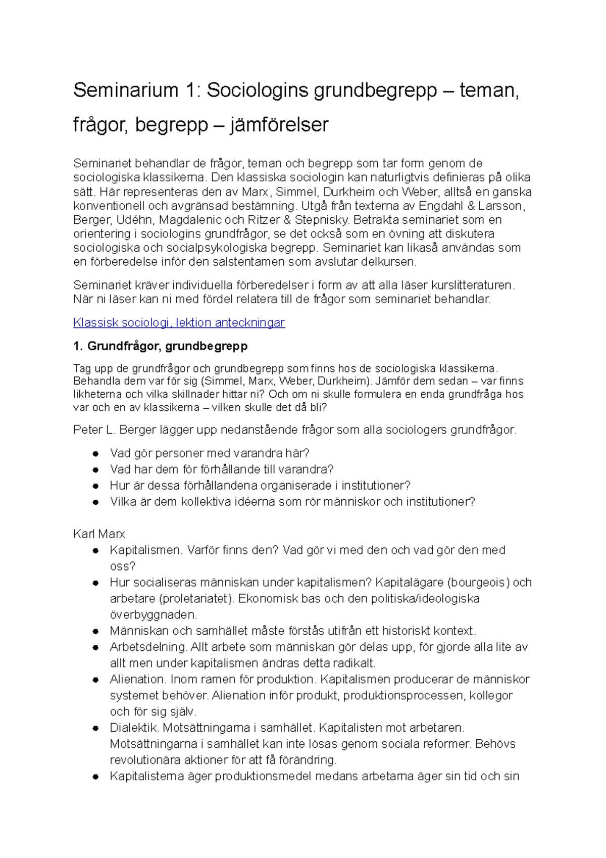 Föreläsning 1: Sociologi - Grundbegrepp och Klassiska Teorier - Studocu