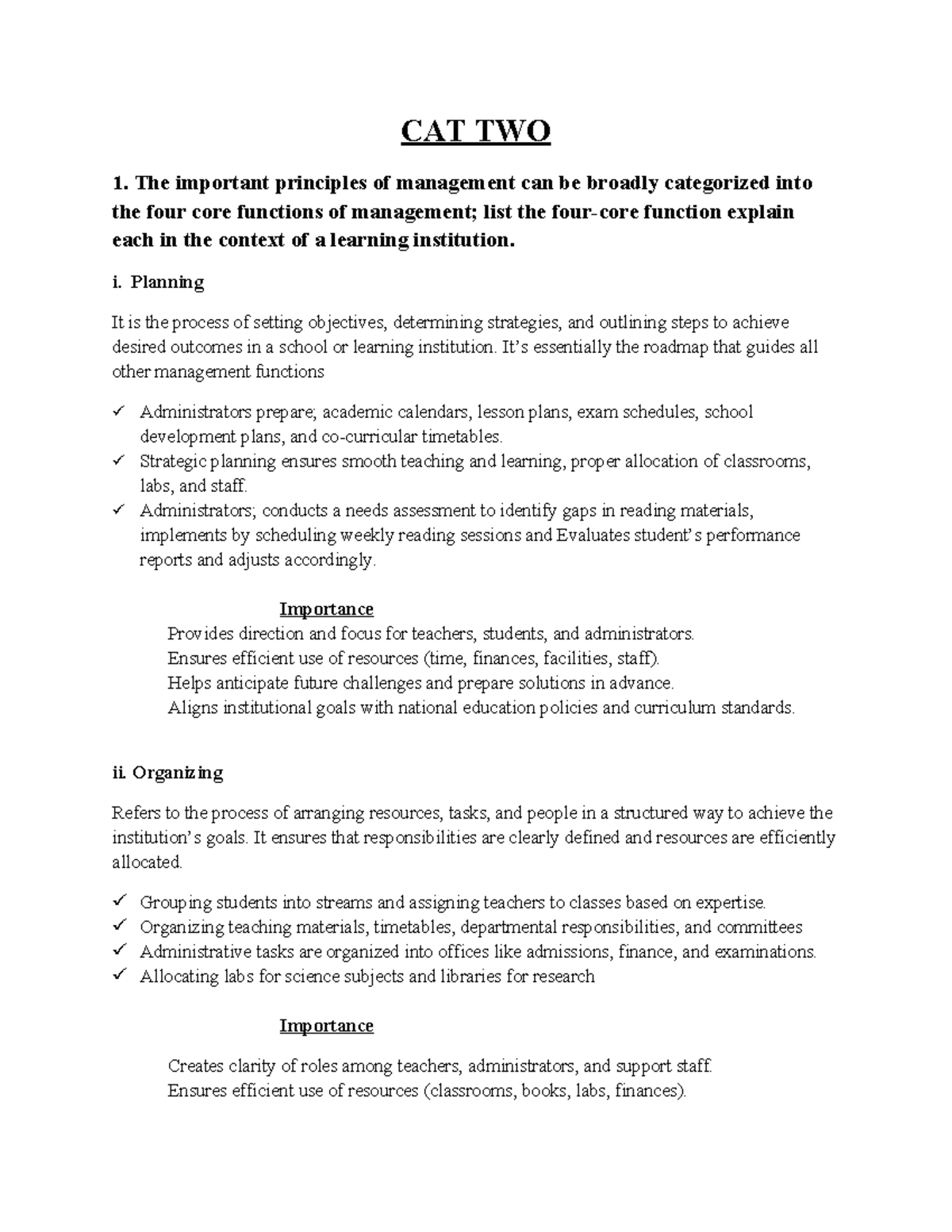 CAT TWO: Principles of Management in Learning Institutions - Studocu