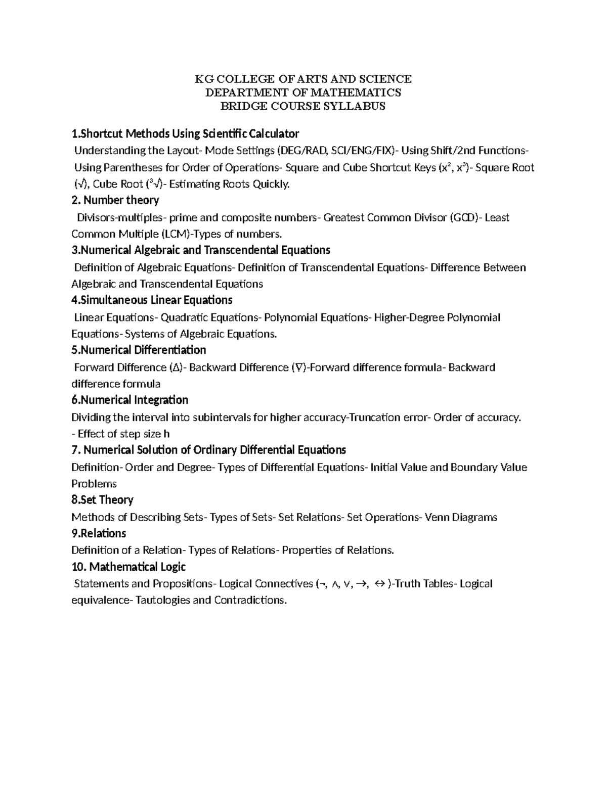 KG College of Arts and Science Math Dept. Bridge Course Syllabus - Studocu